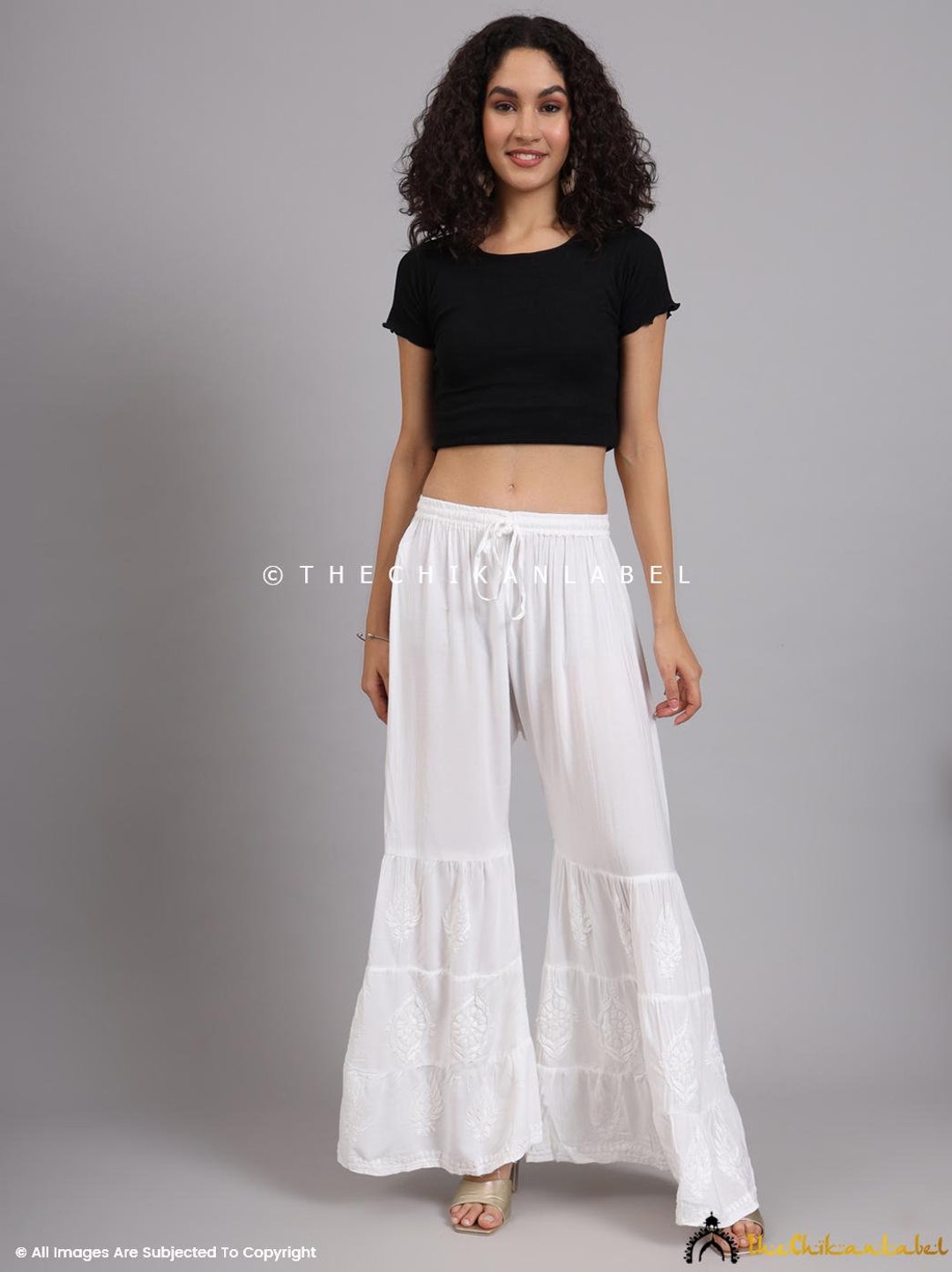 White Cotton Garara Palazzo Pants: Elastic Waist Trousers - Etsy