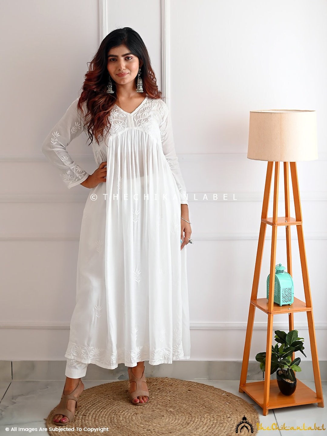 White Handmade Chikankari Anarkali for Women Lucknow Chikankari ...