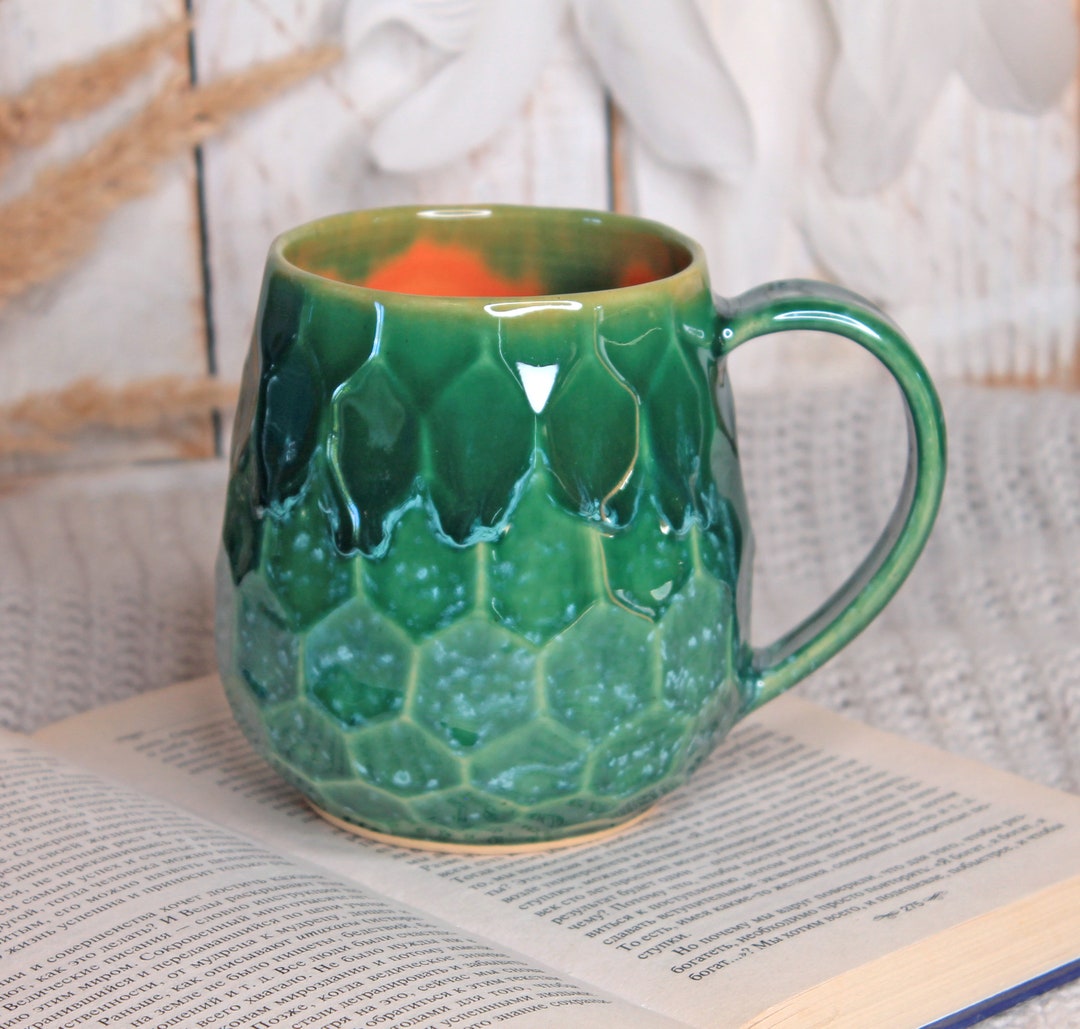 Large Ceramic Mug Pottery Faceted Сup Green Orange 17 Oz - Etsy