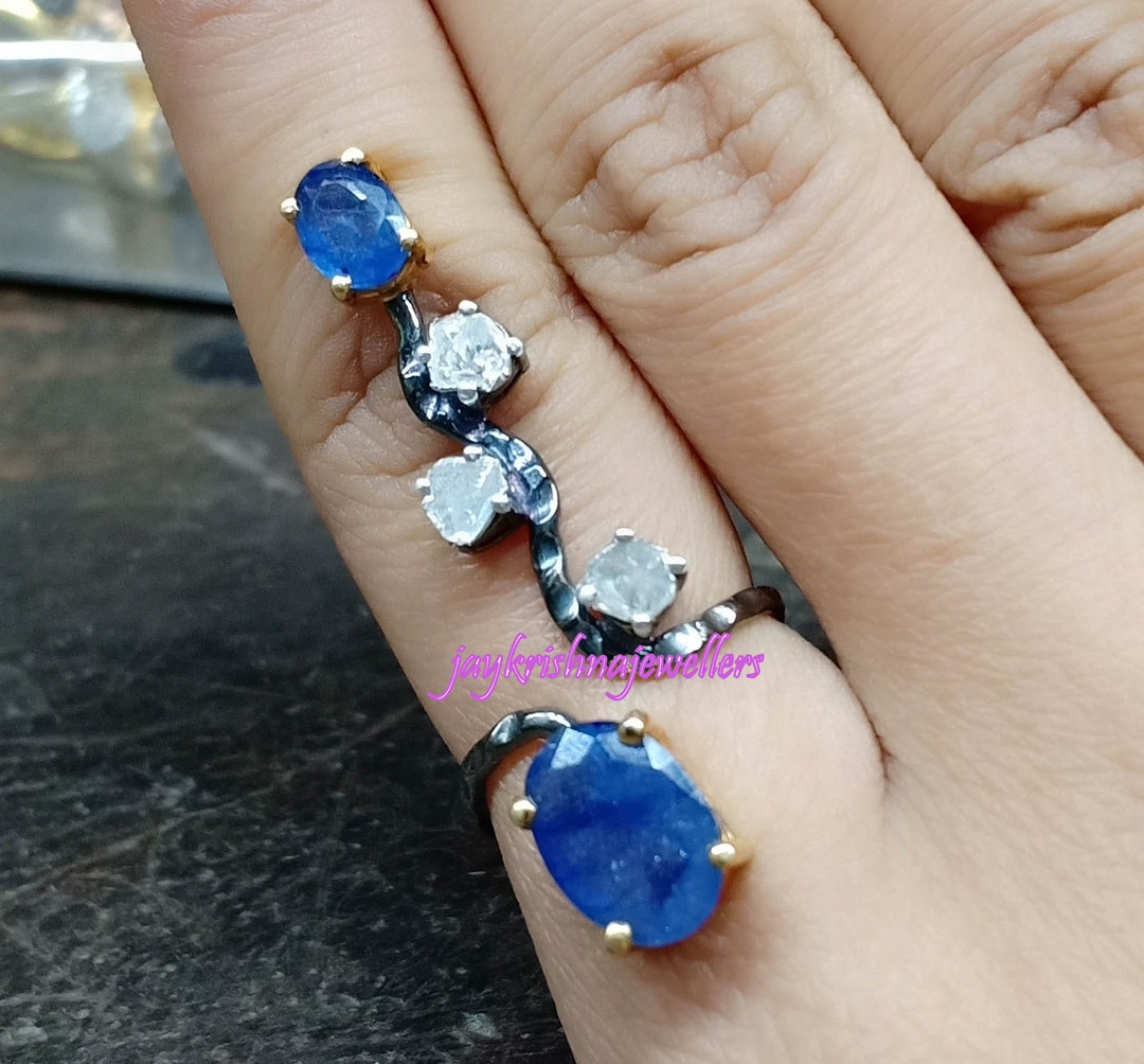 Blue Sapphire & Polki Diamond Rings: Sterling Silver Handmade Jewelry ...
