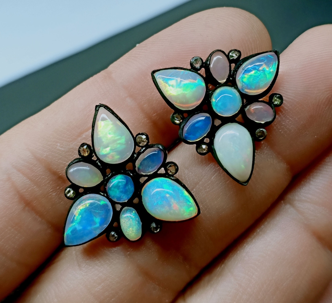 Ethiopian Opals Stud Earrings, Rose Cut Diamond Stud Earring, 925 Sterling Sliver Handmade ...