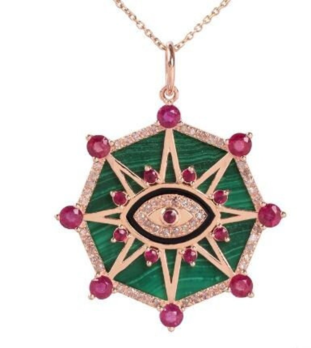 14k Gold Malachite Pendant/ruby & Diamond Halo/black Enamel Evil Eye ...