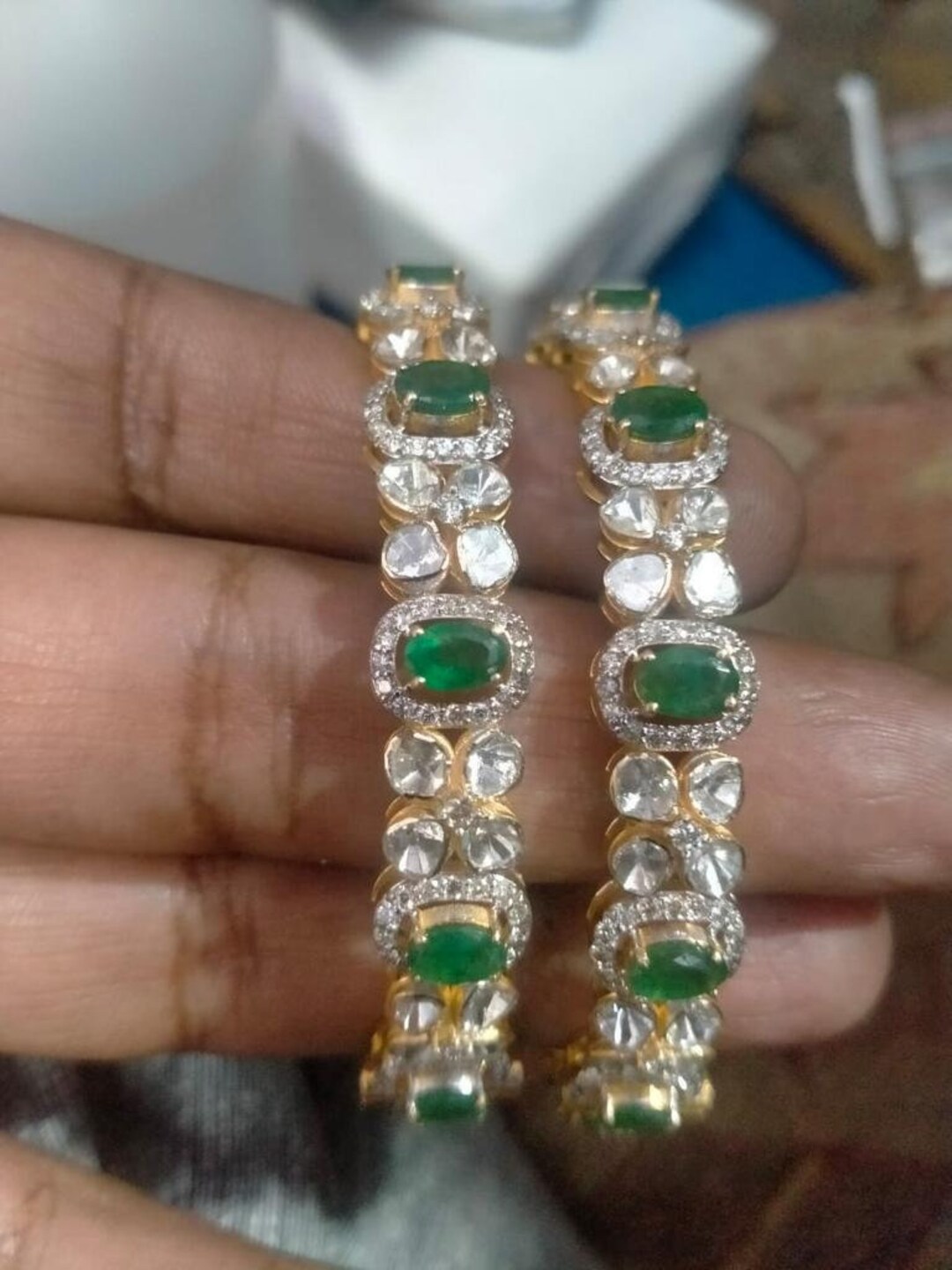 Polki Diamond Bengal, Emerald Bengal, Green Gemstone Bangle, 925 ...