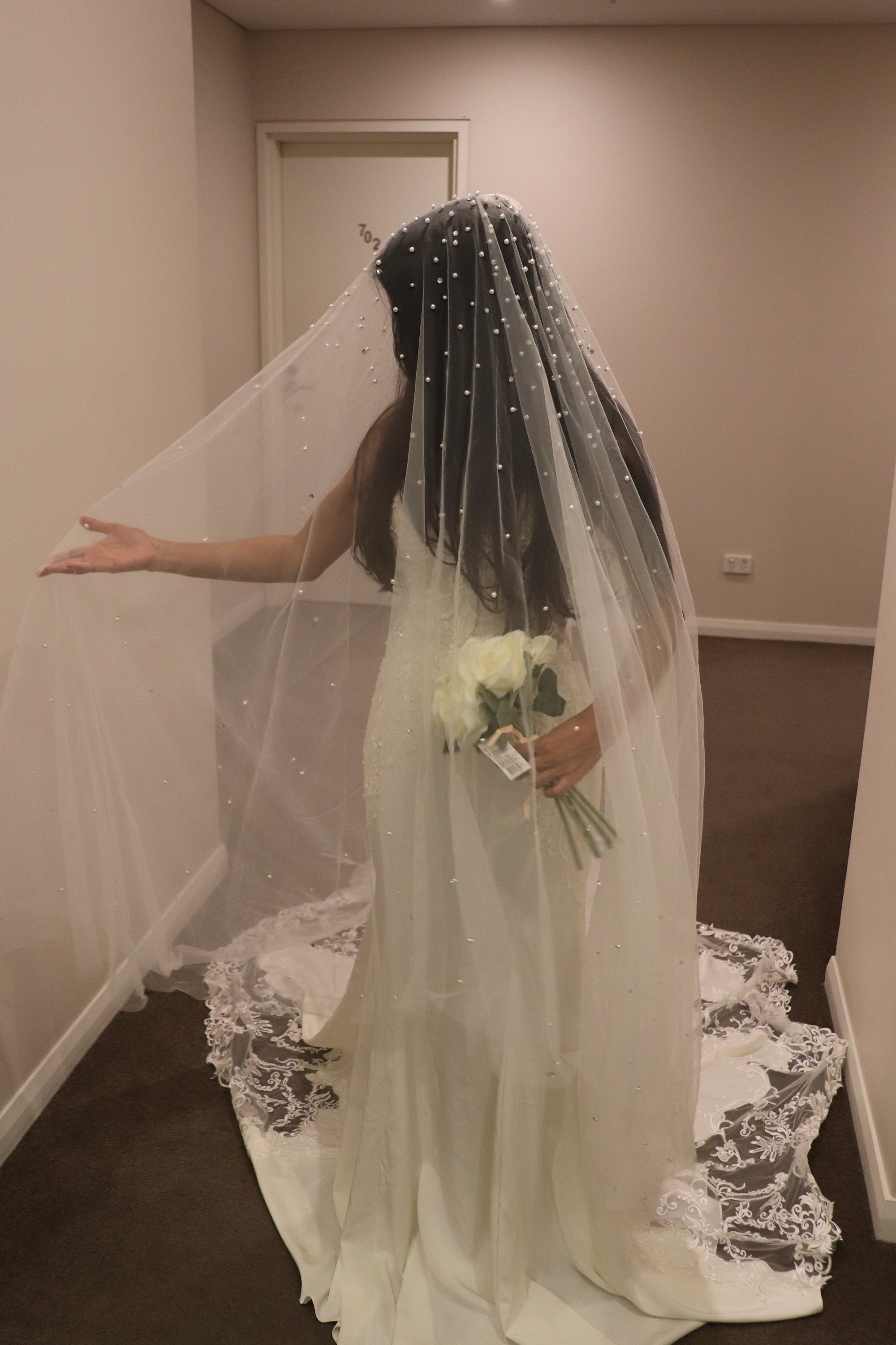 Pearl & Rhinestone Wedding Drop Veil Diamante Wedding Veil | Etsy