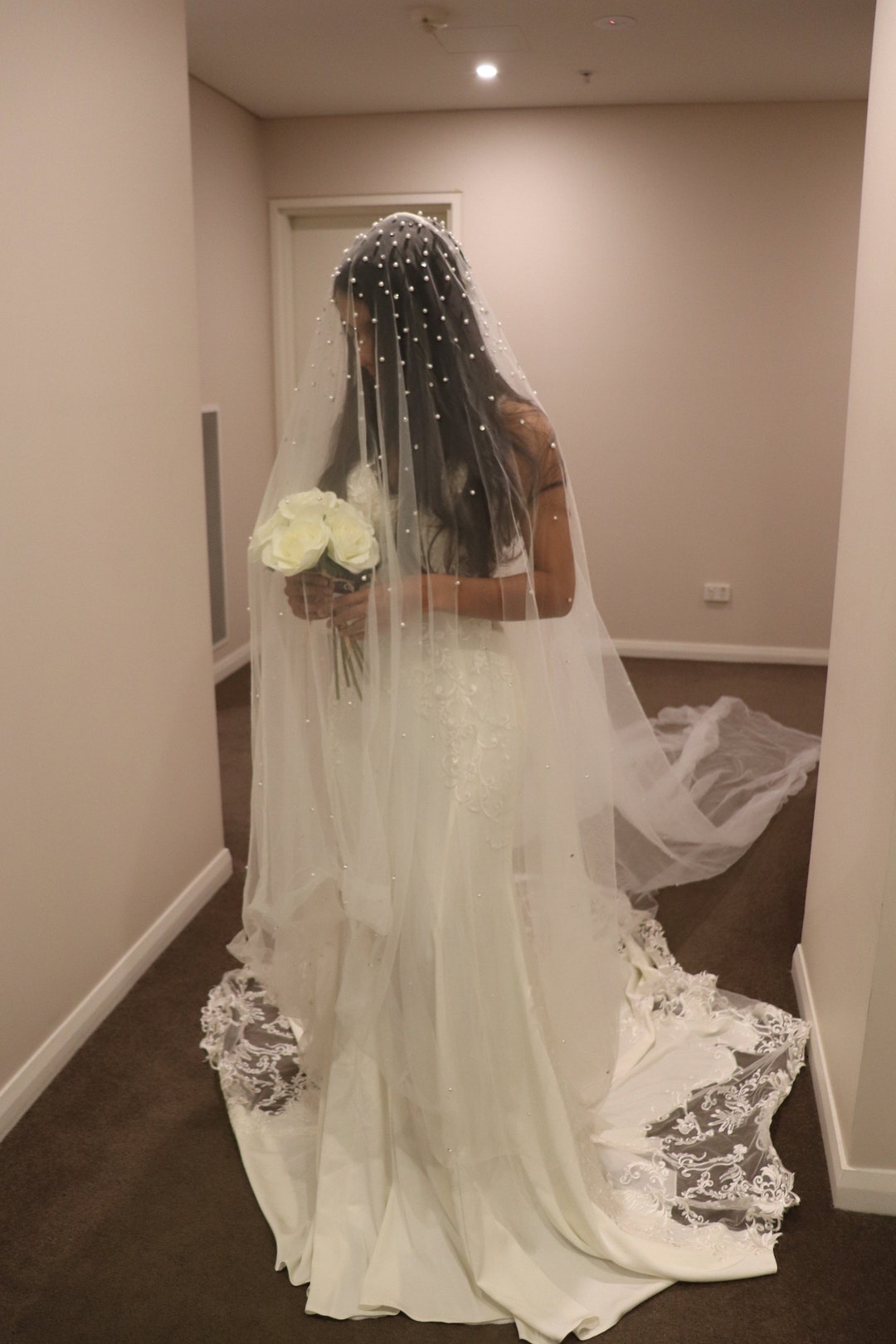 Pearl & Rhinestone Wedding Drop Veil, Diamante Wedding Veil, Pearl ...
