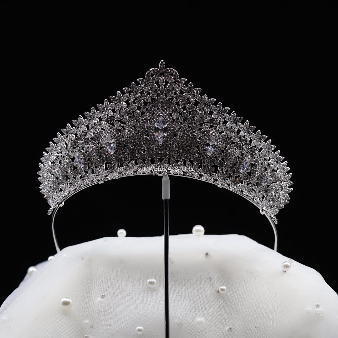 DENA - Royal Silver Cubic Zirconia Tiara, Silver Tiara, Wedding Crown ...