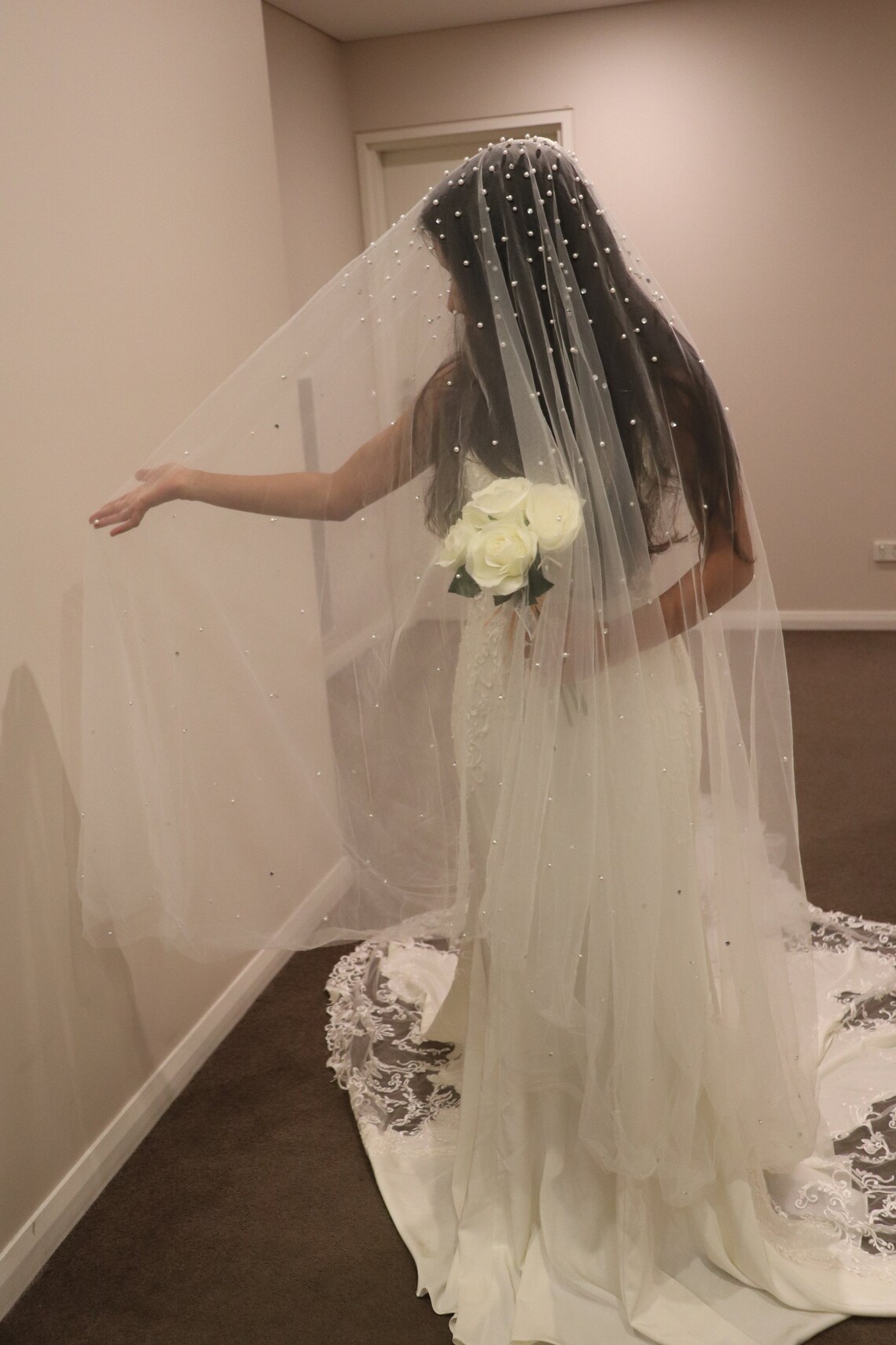 Pearl & Rhinestone Wedding Drop Veil Diamante Wedding Veil | Etsy