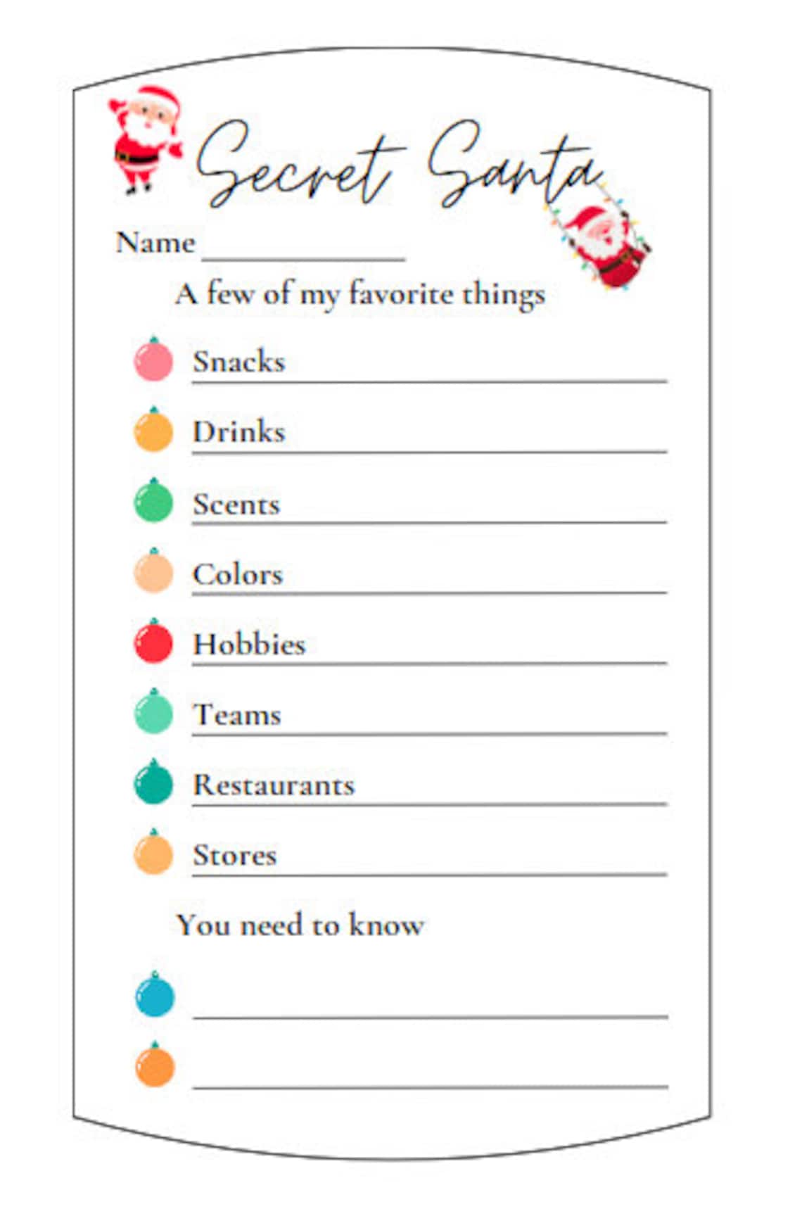 Printable Secret Santa Questionnaire: Office Party Gift Ideas (digital ...
