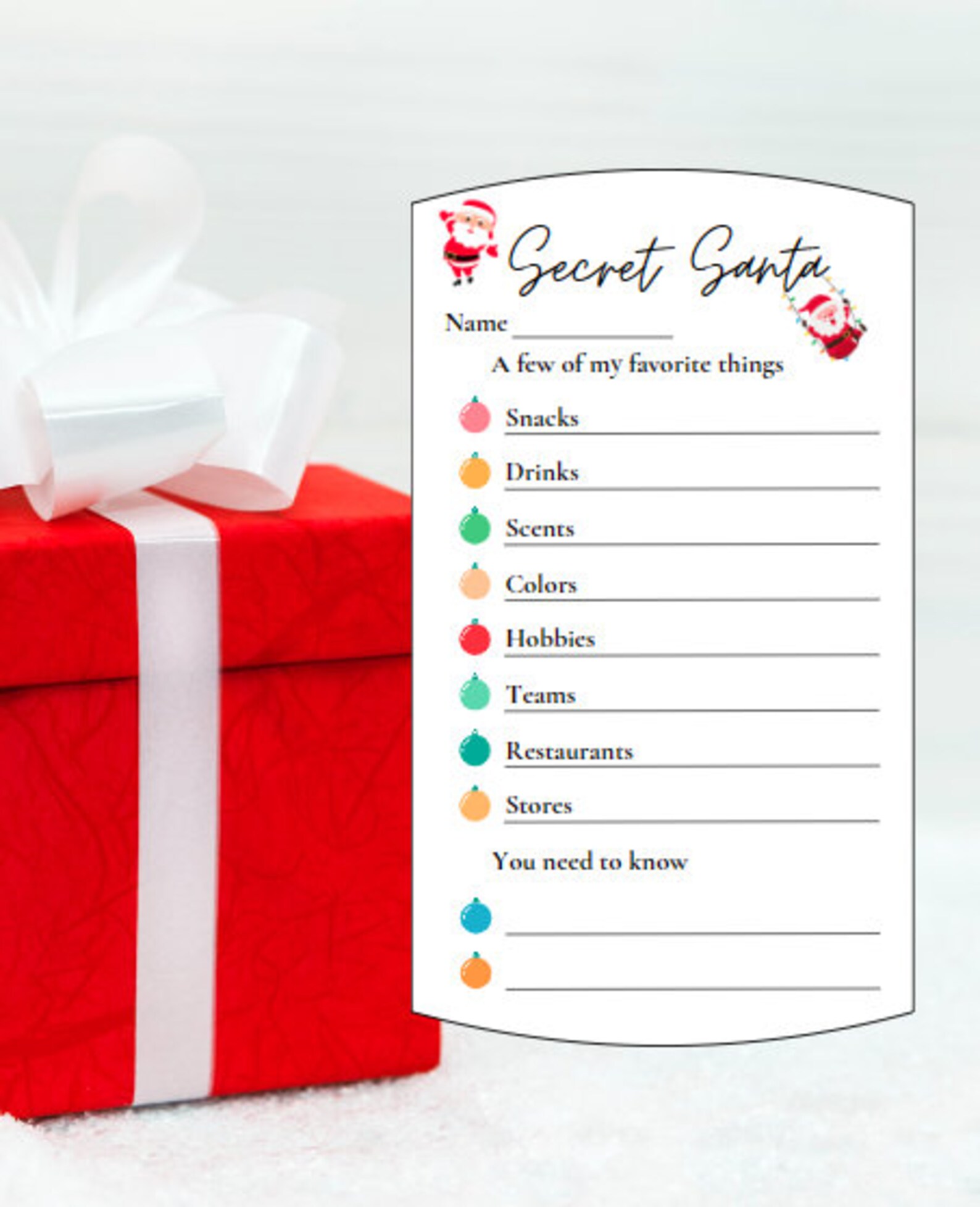 Printable Secret Santa Questionnaire: Office Party Gift Ideas (digital ...