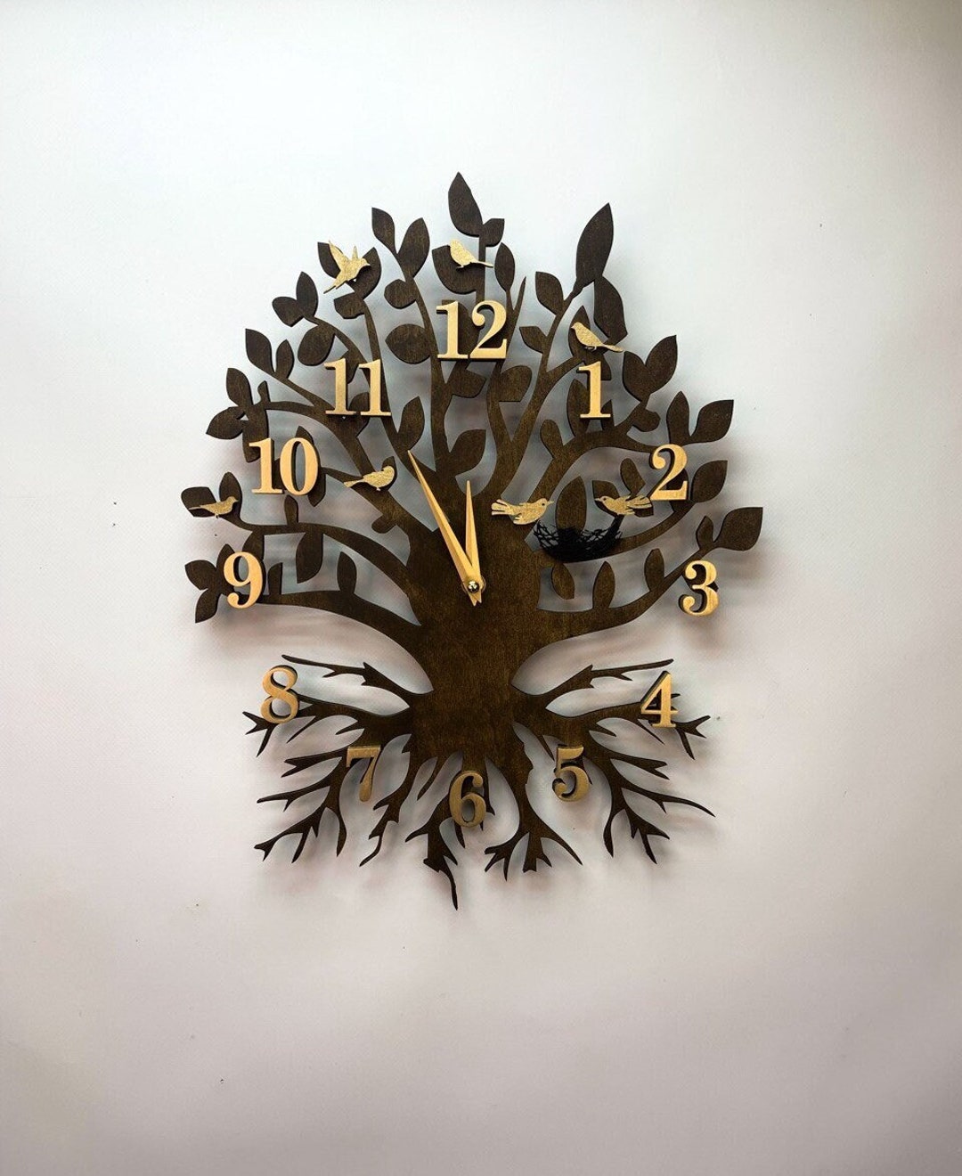 Family Tree Wooden Wall Clock With Nest and Birds | Silent Modern Wall ...