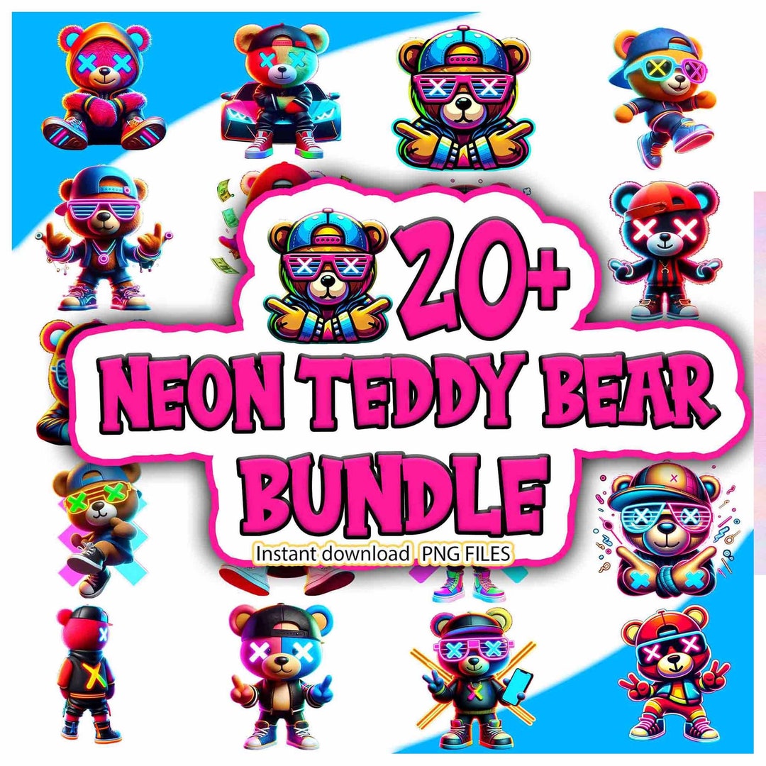 Mega Neon Teddy Bear Clipart, Baby Bear PNG, Teddy Bear PNG Bundle ...