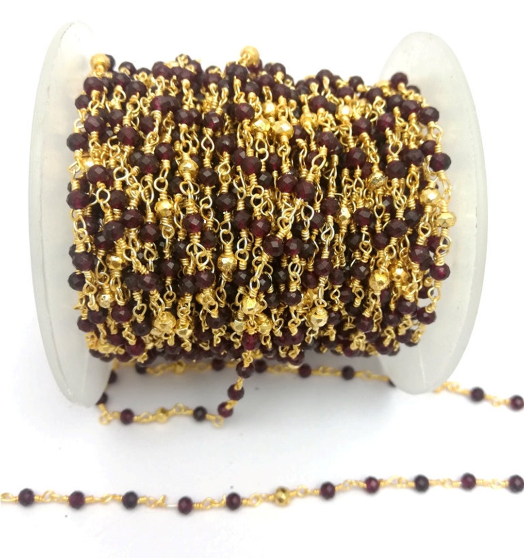 Garnet and Gold Pyrite Gemstone Beaded Chain - 3-4mm Faceted Round Bead ...