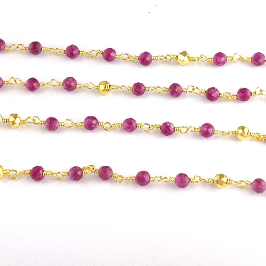 Ruby Red and Gold Pyrite Gemstone Beaded Chain - 3-4mm Faceted Round ...
