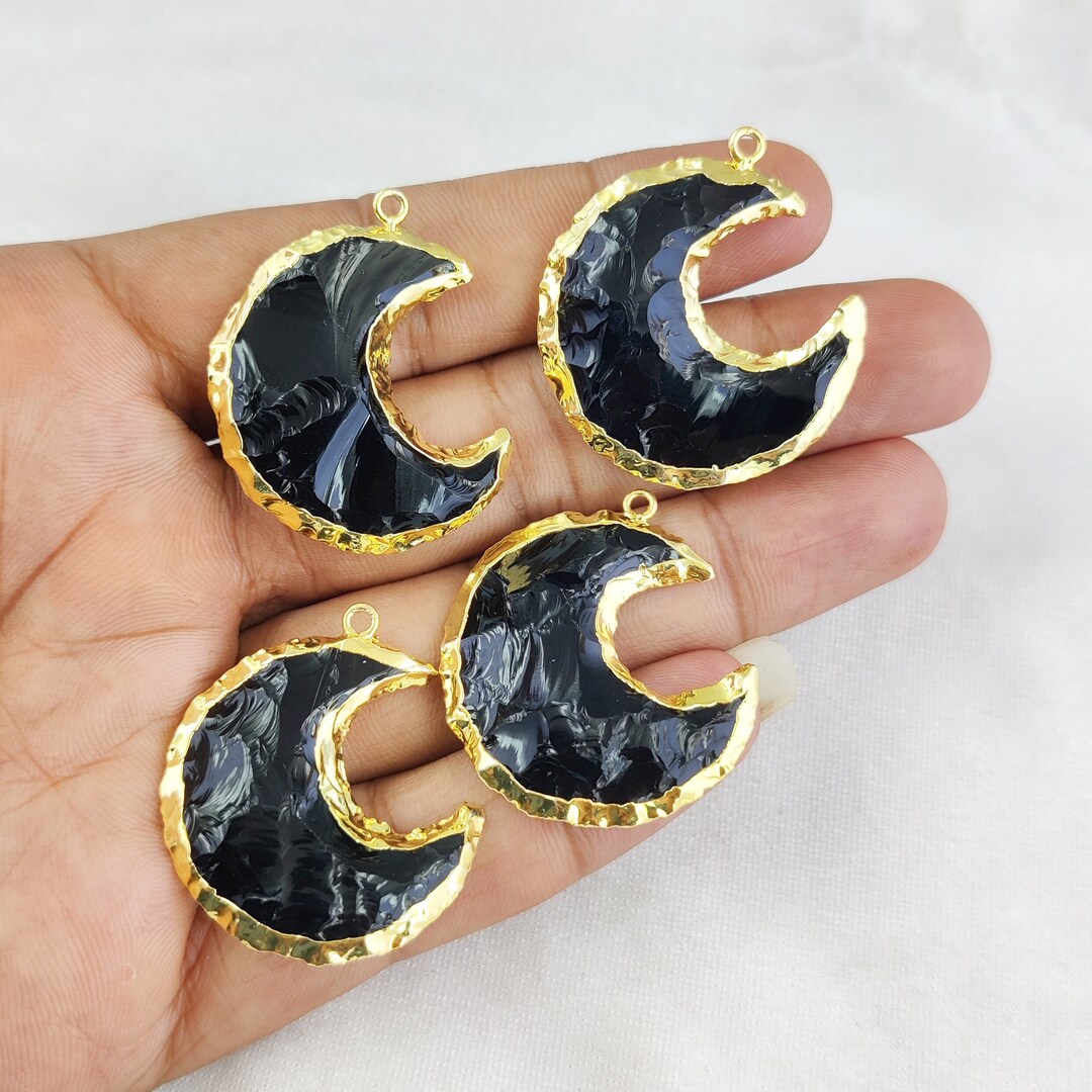 Black Obsidian Gemstone Half Moon Shape Gold Plated Pendant - Selling ...