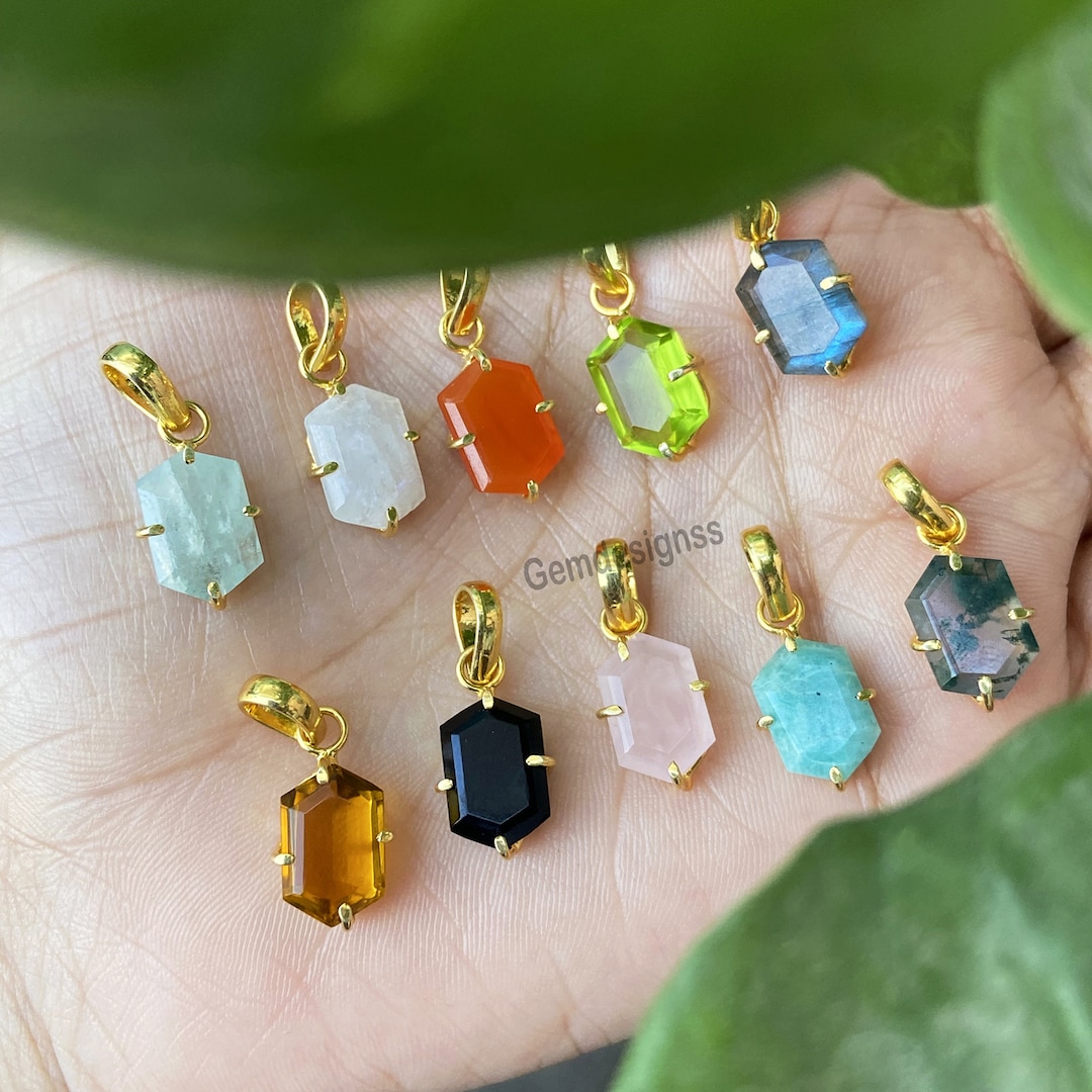 Semi Precious Hexagon Shape Pendant Gold Vermeil Gemstone Pendant Prong ...