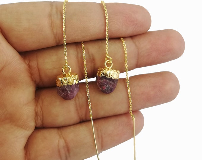 Raw Ruby Earrings Natural Raw Crystal Earrings Birthstone Threader Earrings Dangle Raw Gemstone ...