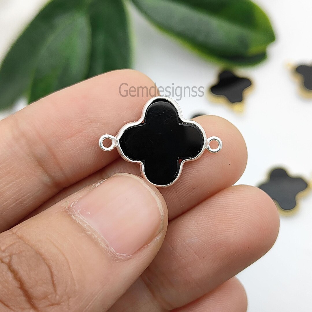 Black Onyx Clover Connector - Double Loop Onyx Connector - 925 Sterling Silver Bezel Connector ...