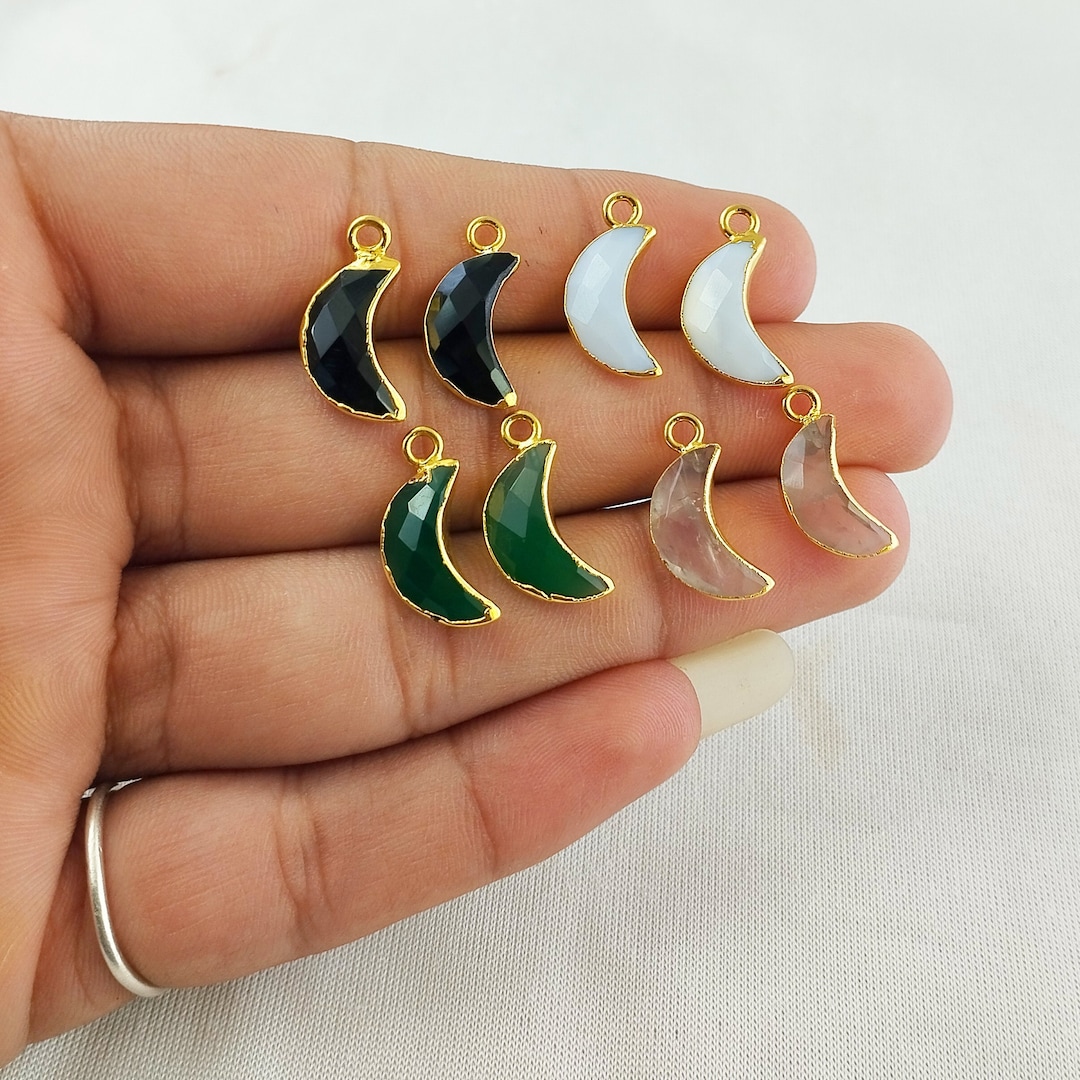 Semi Precious Crescent Half Moon Pendant, Gold Plated Natural Gemstone ...