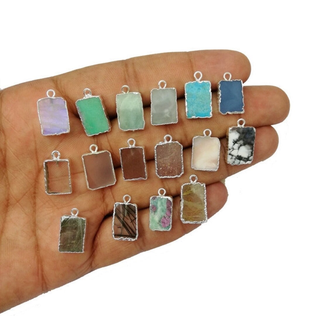 Semi Precious Gemstone Slice Pendant - Tiny Size Silver Edged Gemstone ...