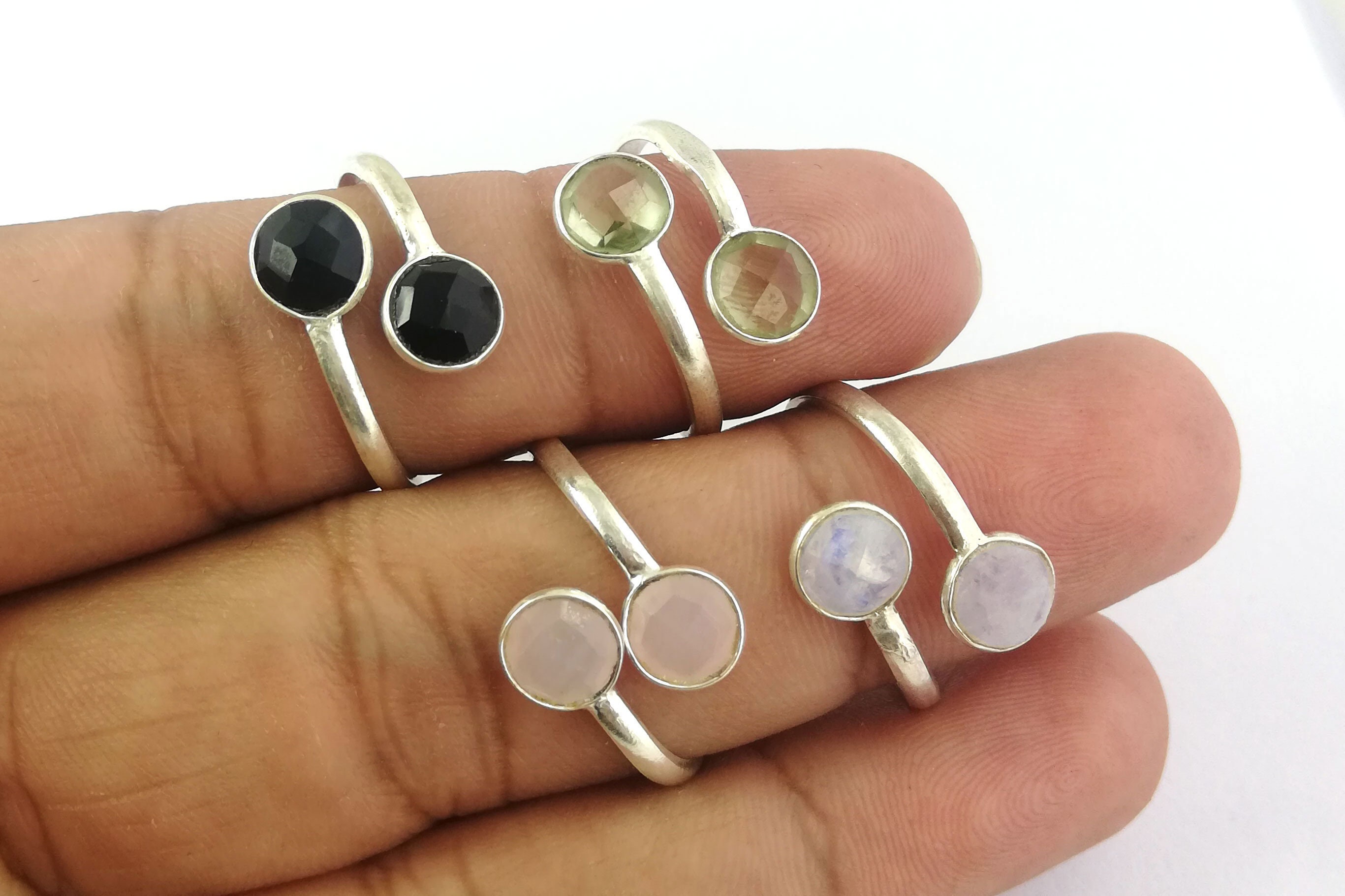 Gemstone Bezel Two Stone Ring 925 Sterling Silver Adjustable | Etsy