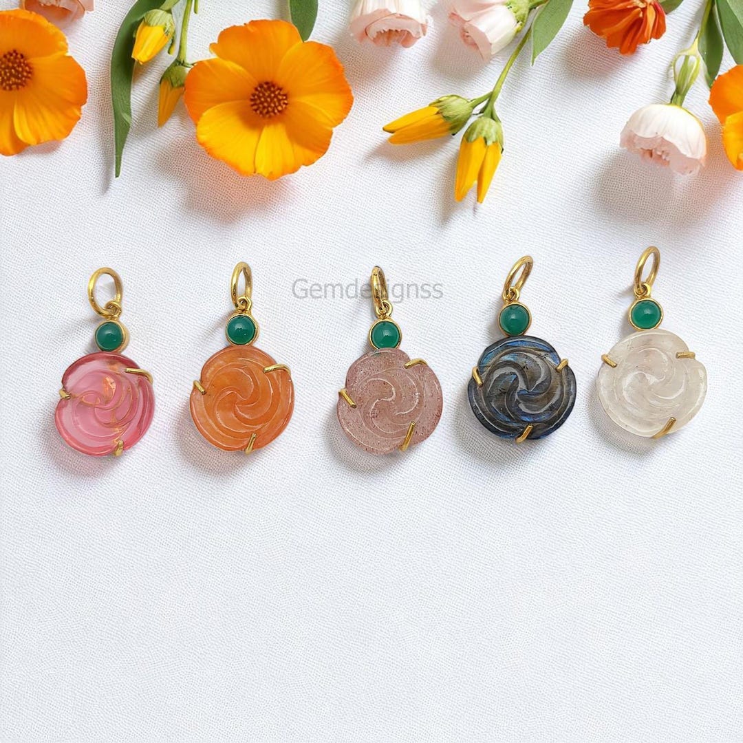 Rose Carving Gemstone Pendant-prong Set Carved Flower Pendant ...