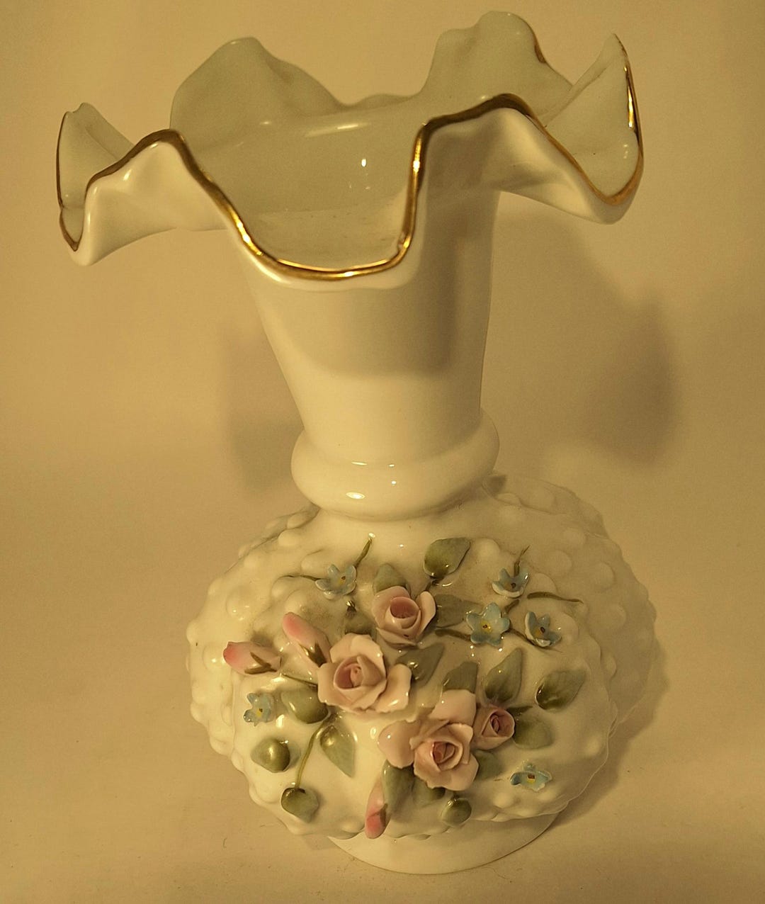 Lefton China Vase 6.5" With Raised Roses & Bluebells. Hand Painted #833 ...