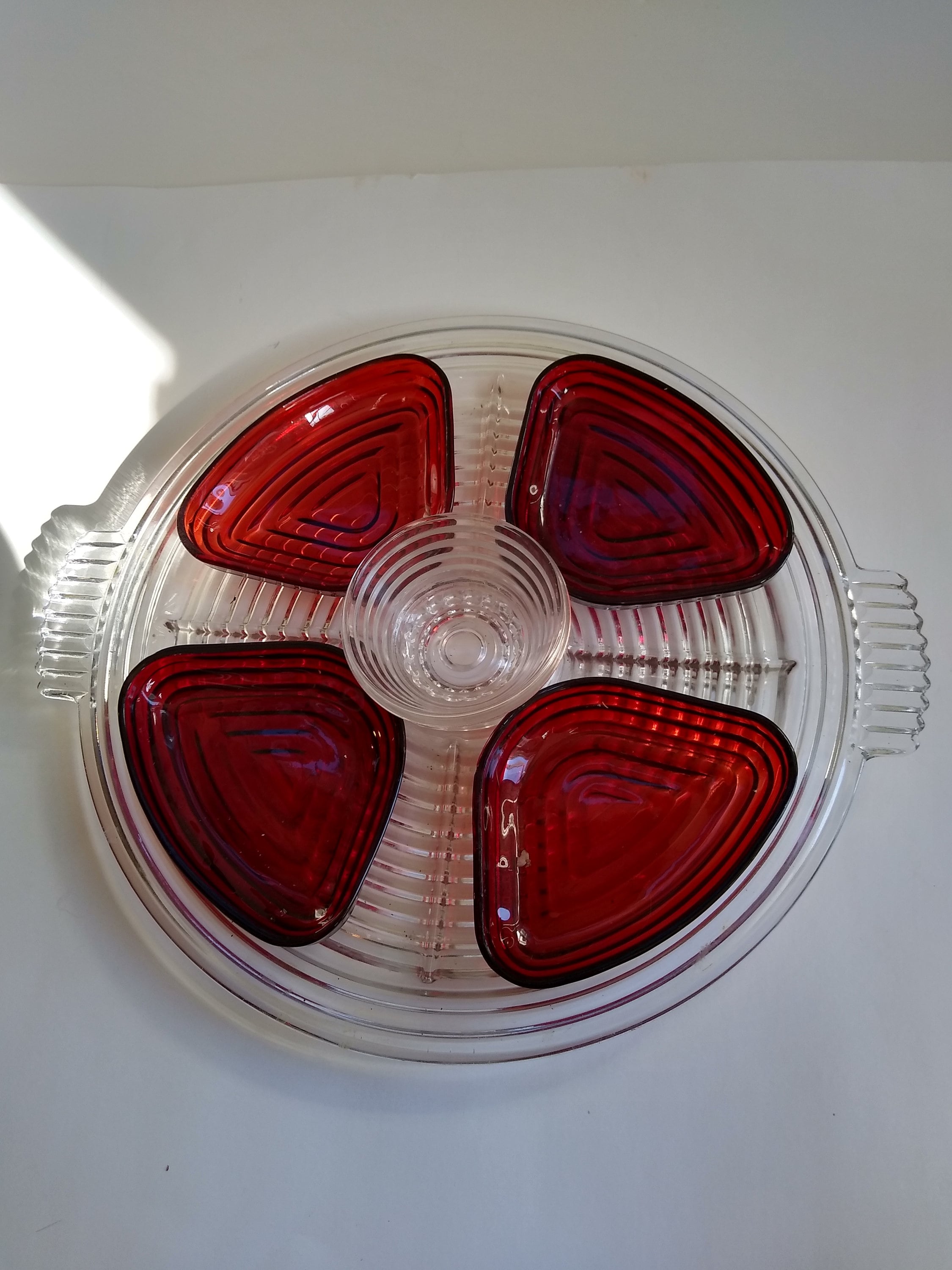 Crystal Depression Glass Relish Tray With Ruby Inserts manhattan ...