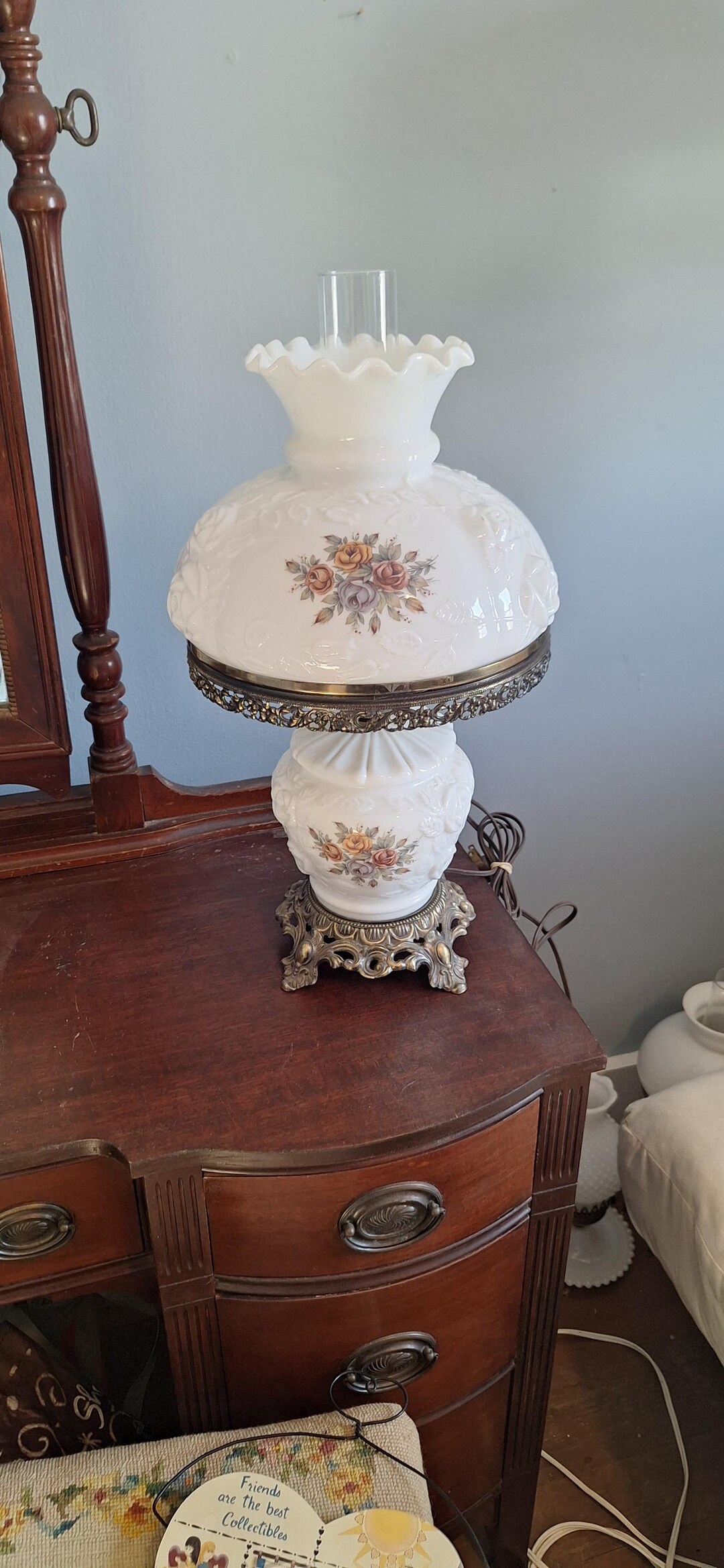 Vintage Fenton Milk Glass puffy Roses Hurricane Milk Glass Lamp 21. - Etsy