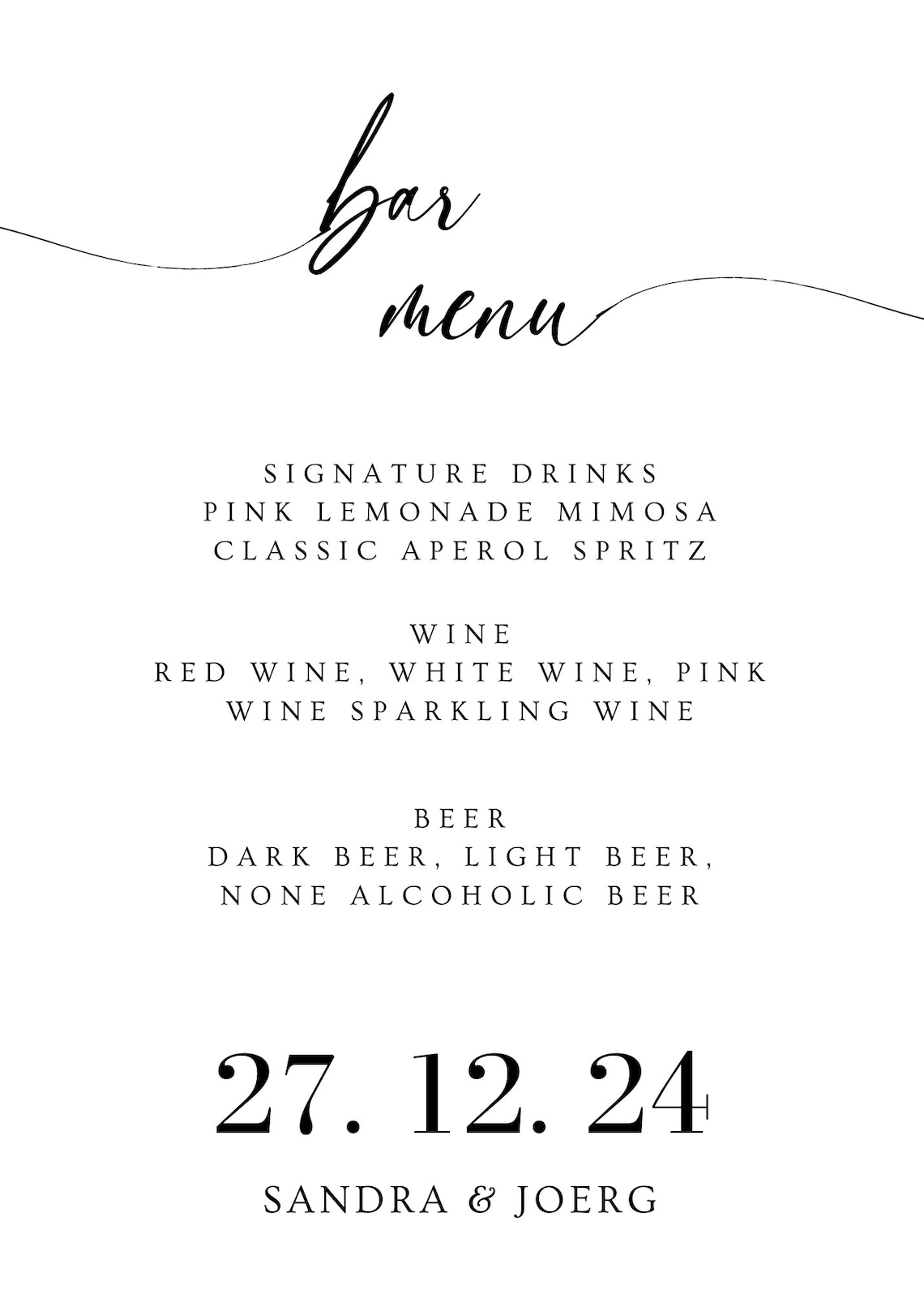 Minimalist Wedding Bar Menu, Table Cards, Wedding Table Cards, Wedding ...