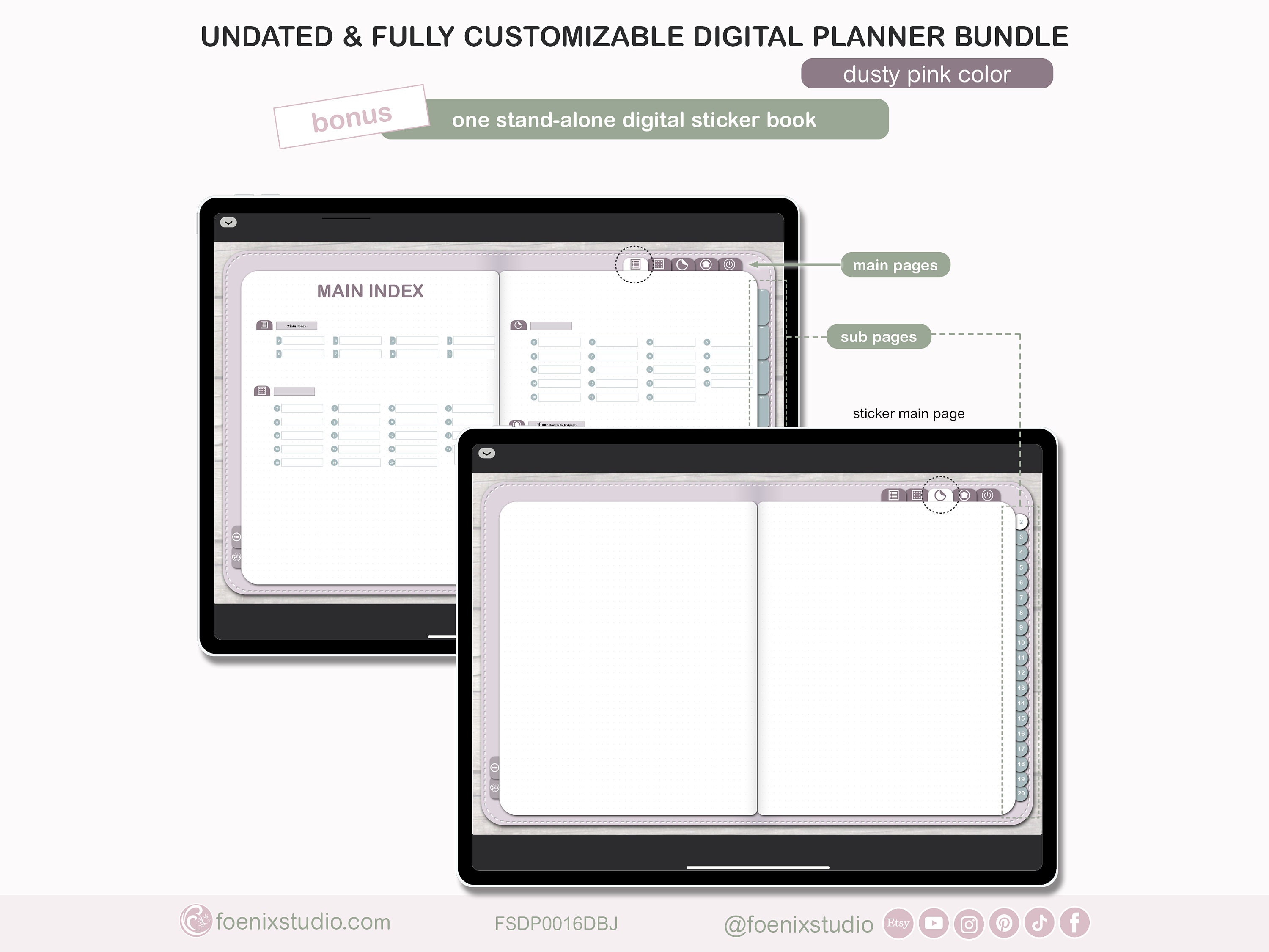 Customizable Digital Planner, Digital Journal, Undated, Dotted, DUSTY ...