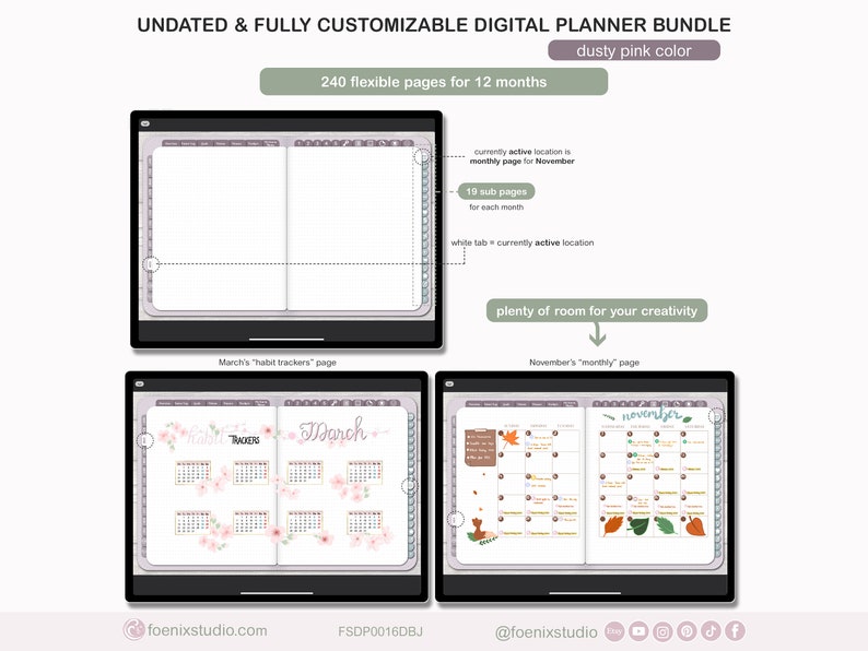 Customizable Digital Planner, Digital Journal, Undated, Dotted, DUSTY ...