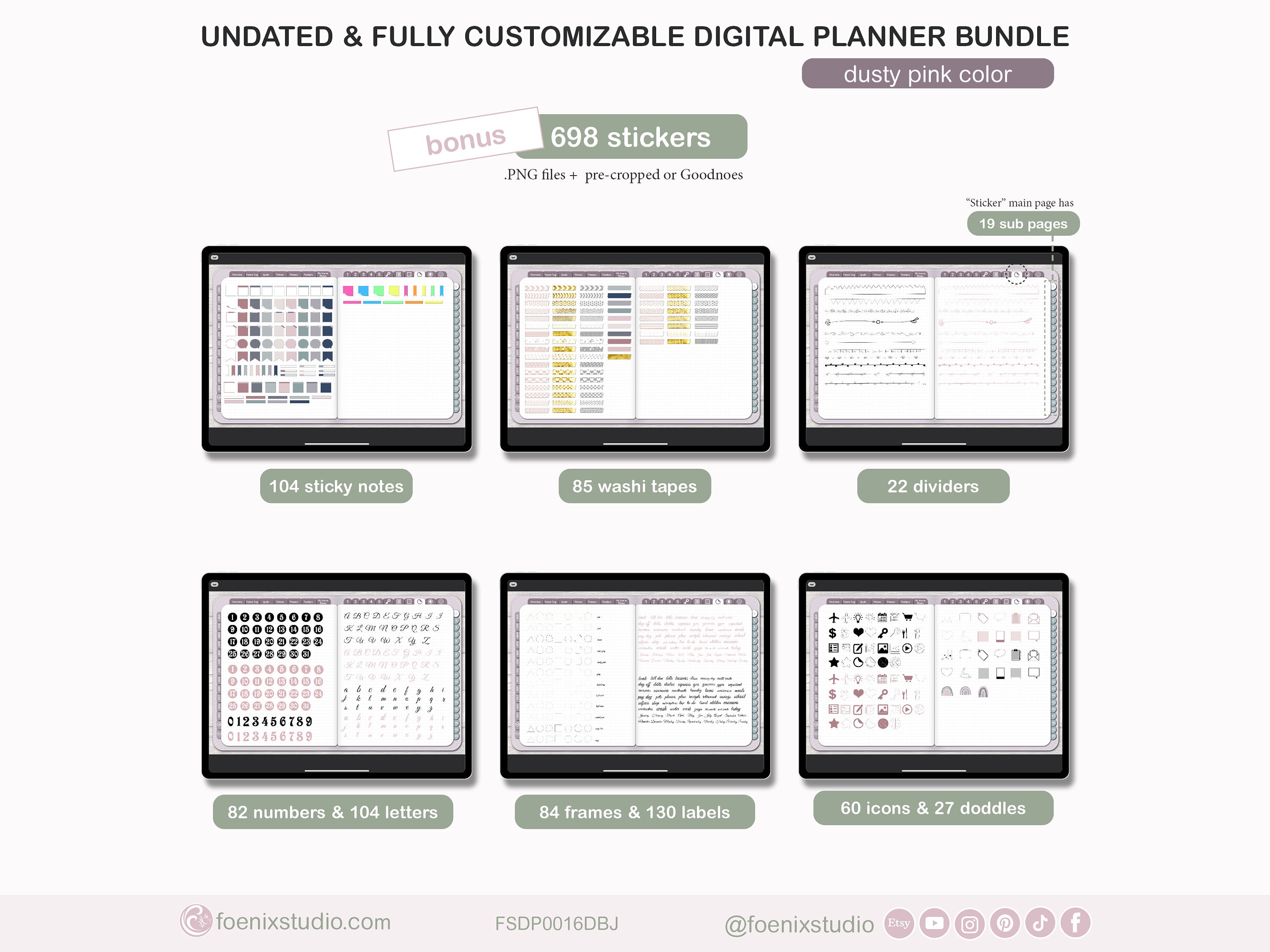 Customizable Digital Planner, Digital Journal, Undated, Dotted, DUSTY ...