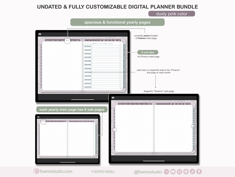 Customizable Digital Planner, Digital Journal, Undated, Dotted, DUSTY ...