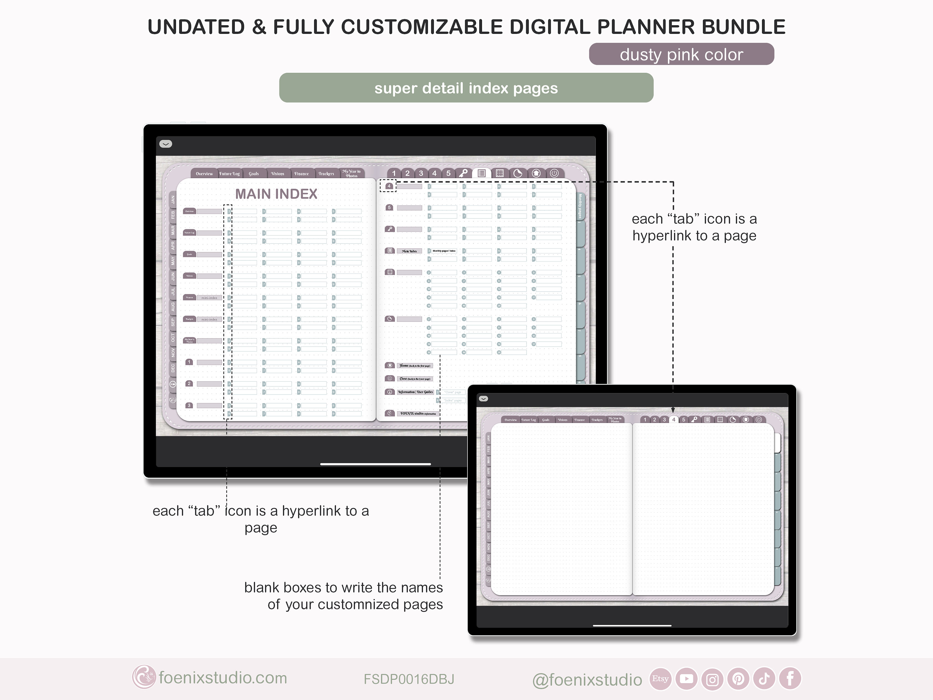 Customizable Digital Planner, Digital Journal, Undated, Dotted, DUSTY ...