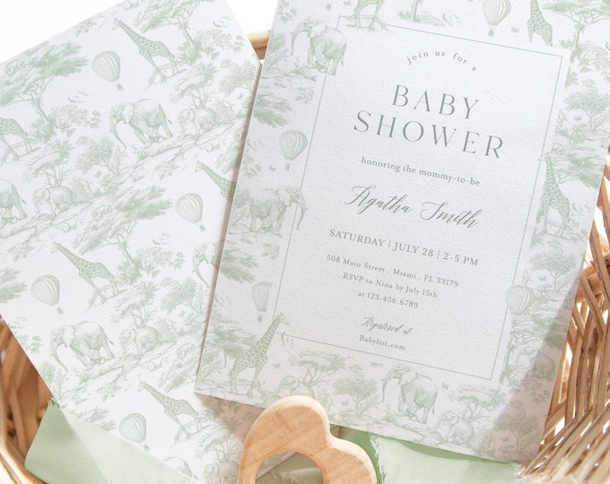 Green Safari Toile De Jouy Baby Shower Invitation, Jungle Theme Invite ...