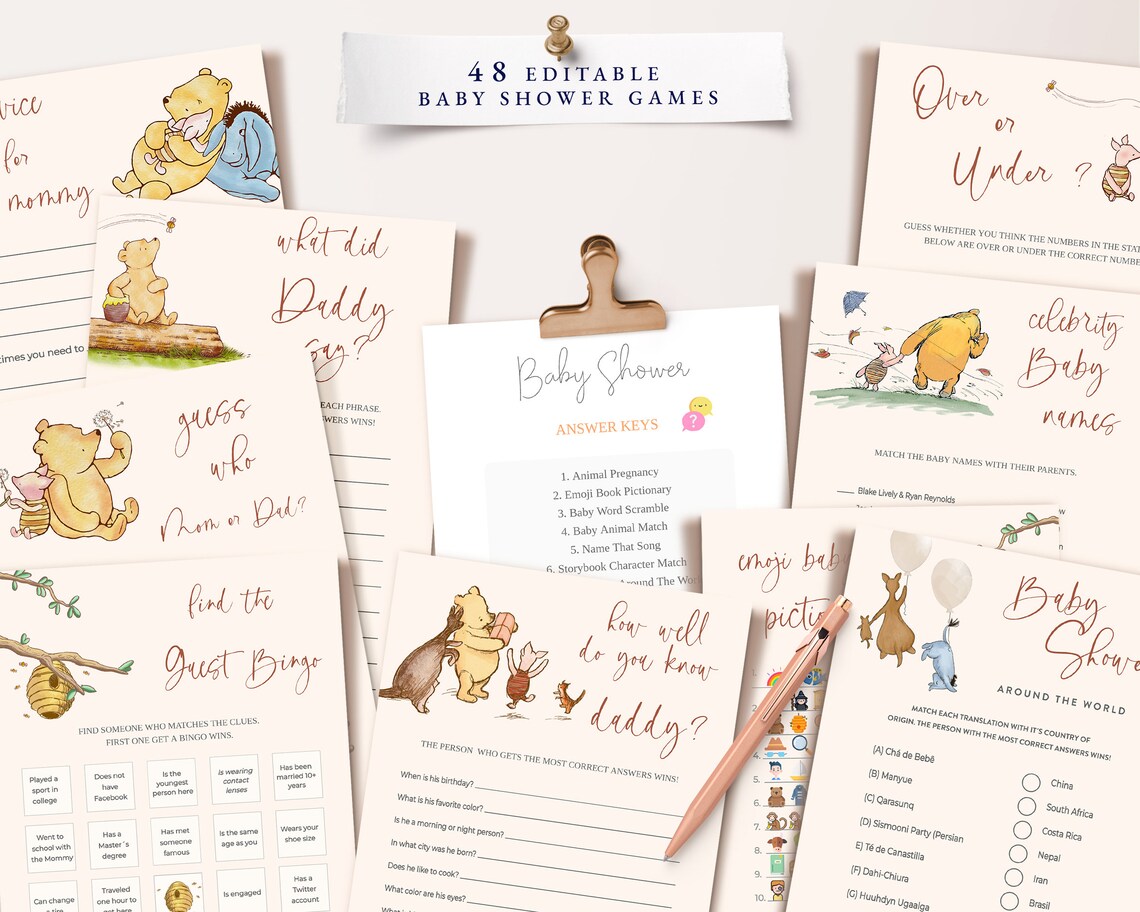 Winnie the Pooh Baby Shower Games Bundle, 48 Baby Shower Games, Winnie ...