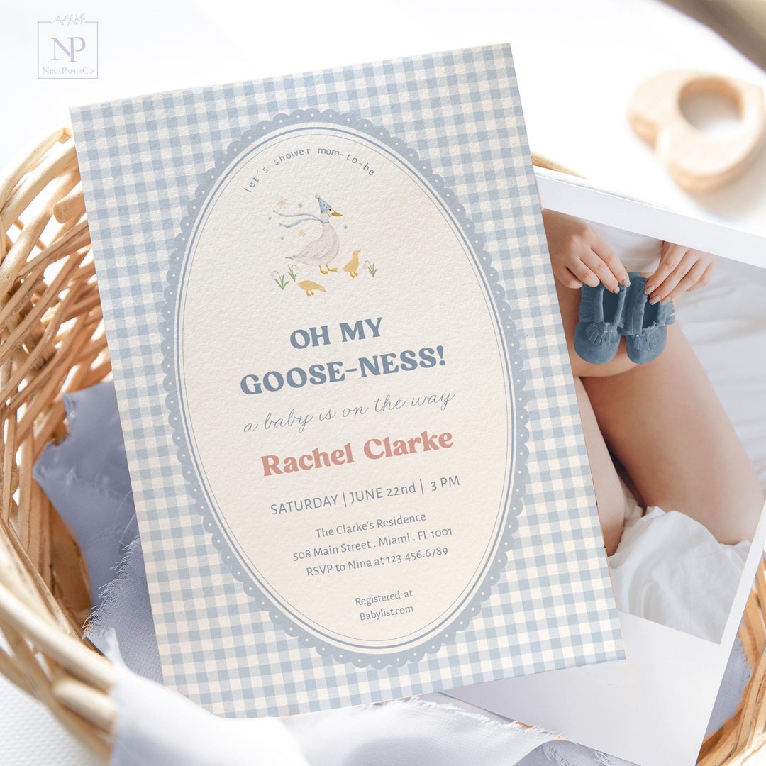 Blue Silly Goose Baby Shower Invitation Template, Pastel Gingham ...