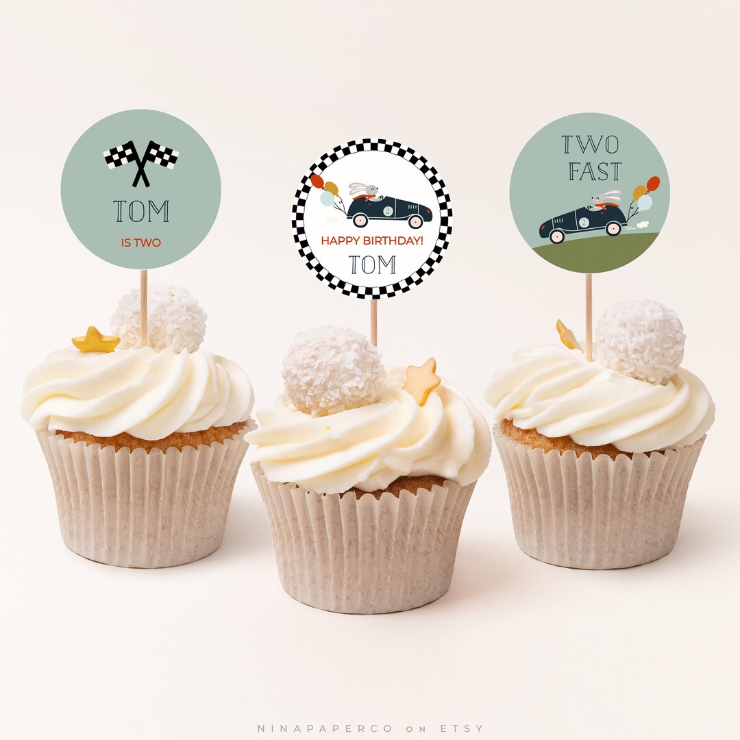 Race Car Birthday Cupcake Toppers, Two Fast Birthday Party Decoration ...