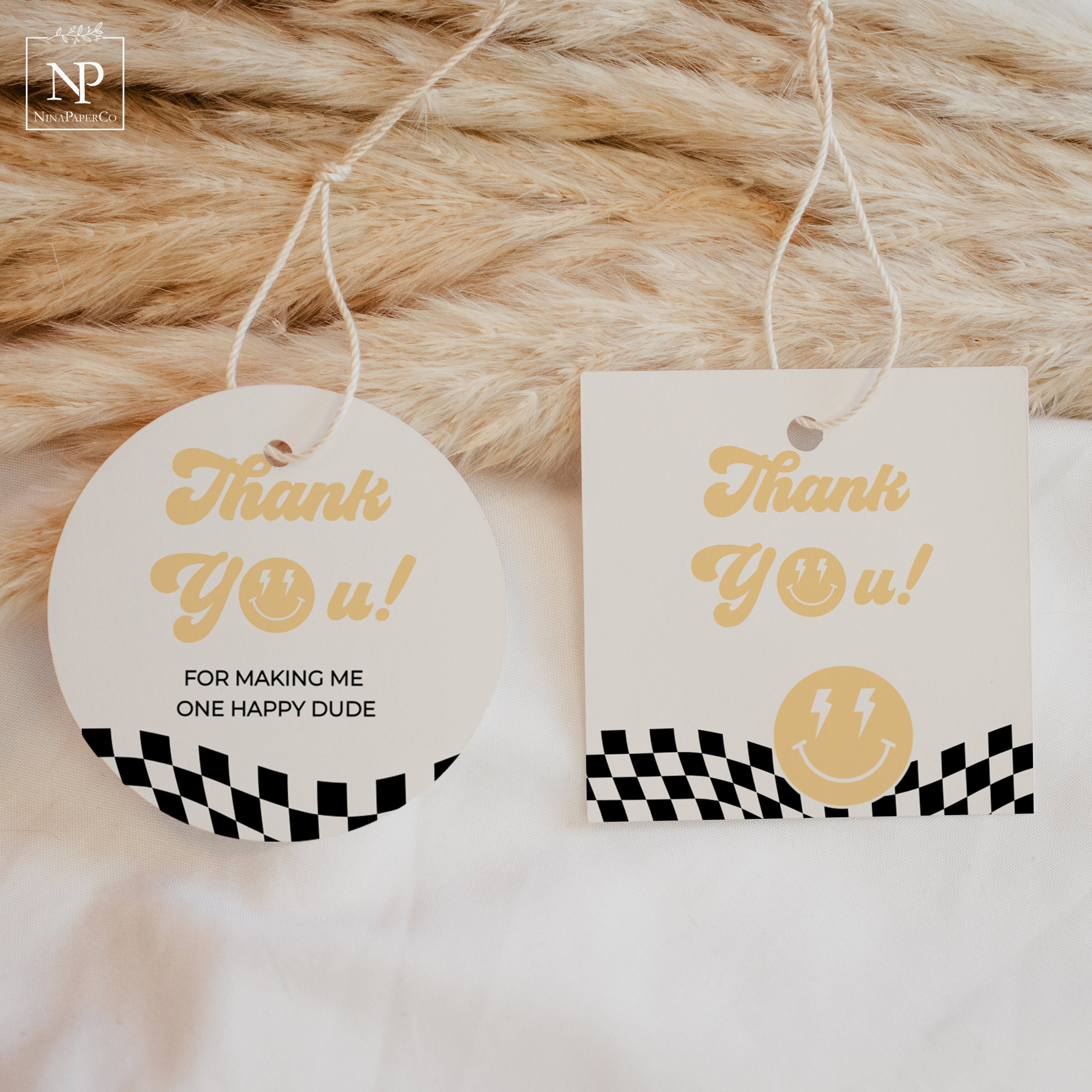 ONE Happy Dude Favor Tags Template, Retro Smiley Face Birthday Thank ...
