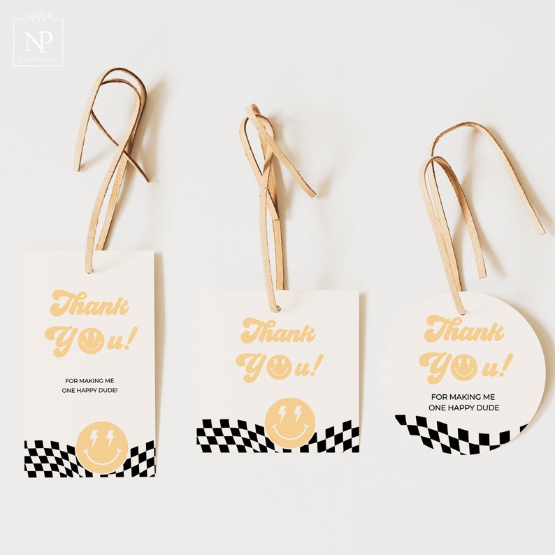 ONE Happy Dude Favor Tags Template, Retro Smiley Face Birthday Thank ...