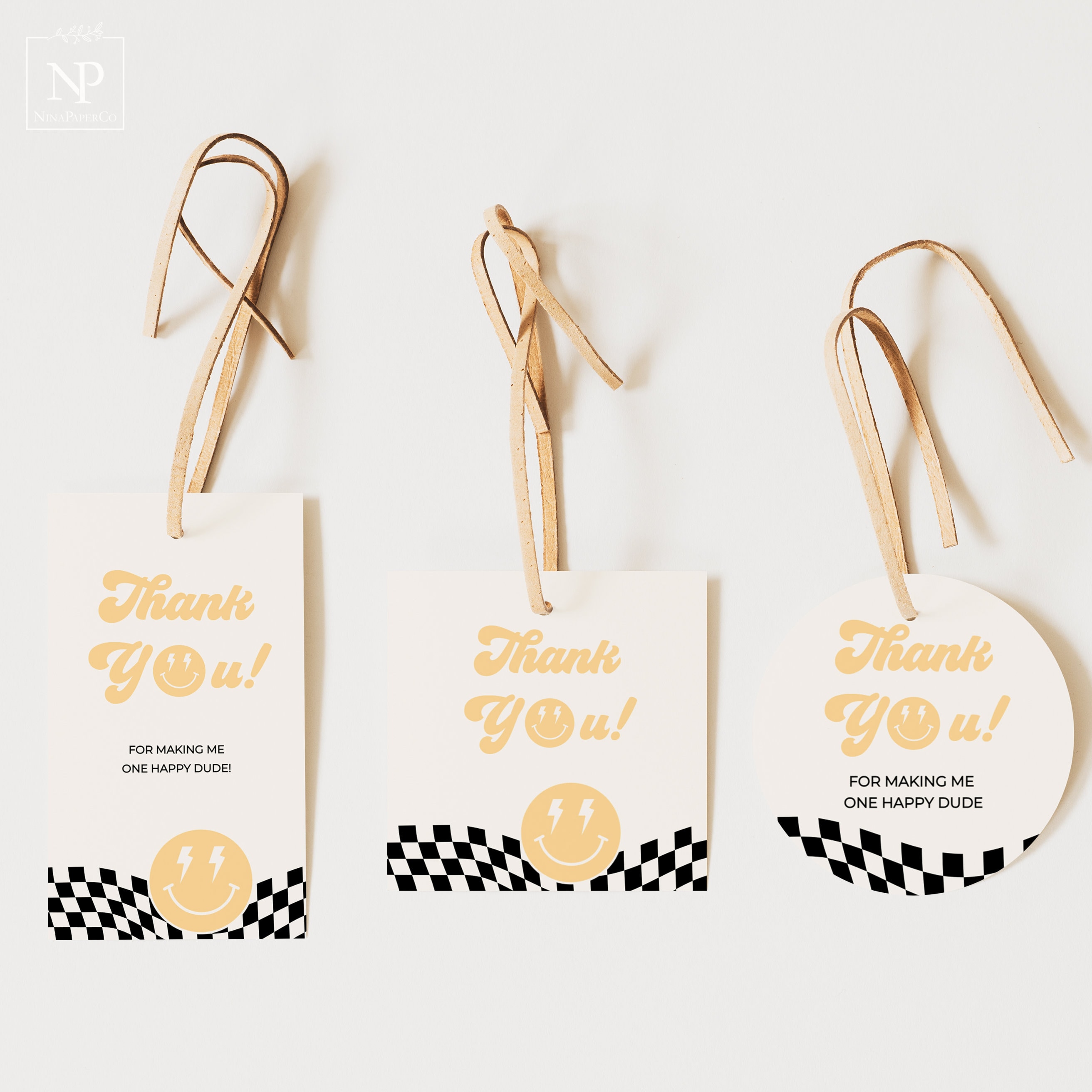 ONE Happy Dude Favor Tags Template, Retro Smiley Face Birthday Thank ...