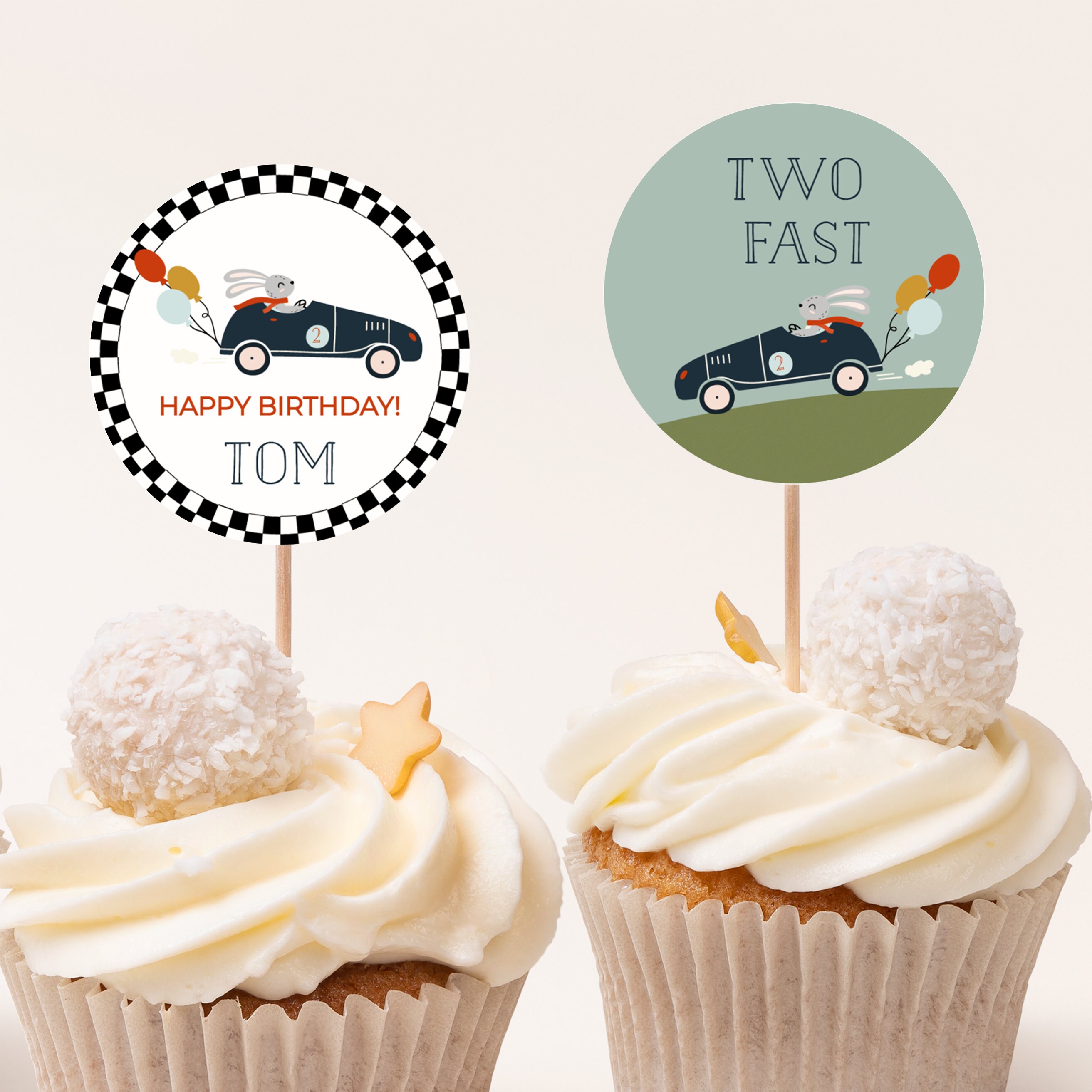 Race Car Birthday Cupcake Toppers, Two Fast Birthday Party Decoration ...