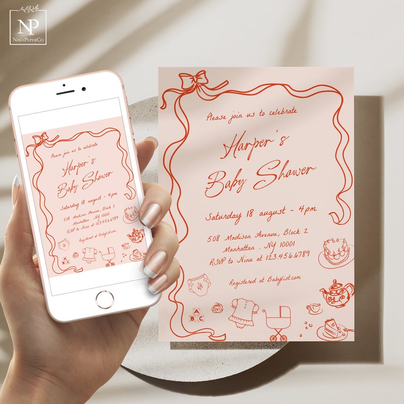 Hand Drawn Baby Shower Invitation Template, Funky Scribble Illustration ...