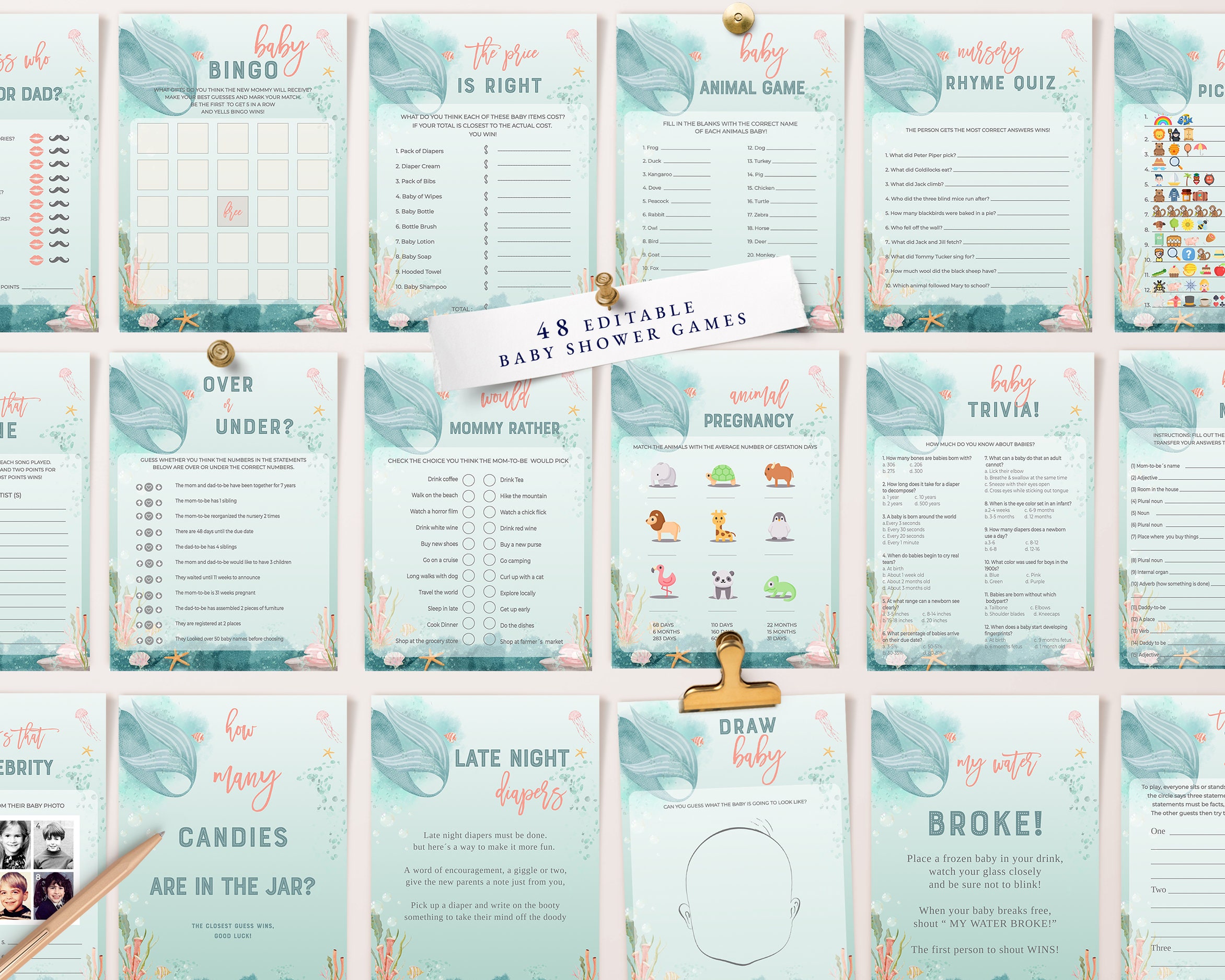 Mermaid Baby Shower Games Bundle, 48 Under the Sea Printable Games ...