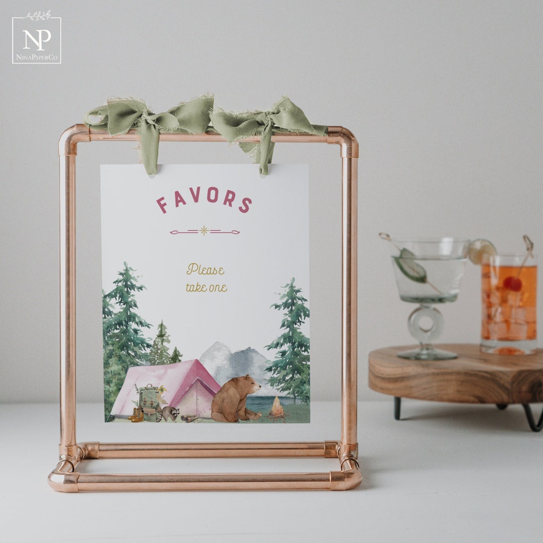 Adventure Awaits Baby Shower Custom Sign, Pink Camping Party Sign, Pine ...