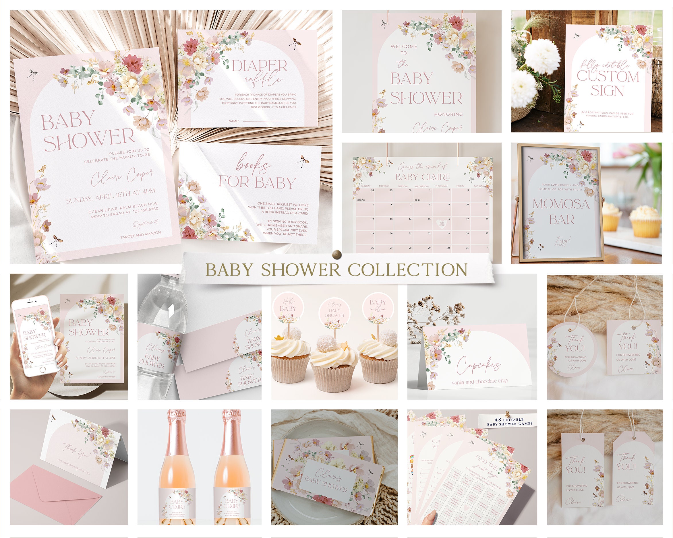 Pink Wildflower Water Bottle Labels, Floral Water Label, Printable ...