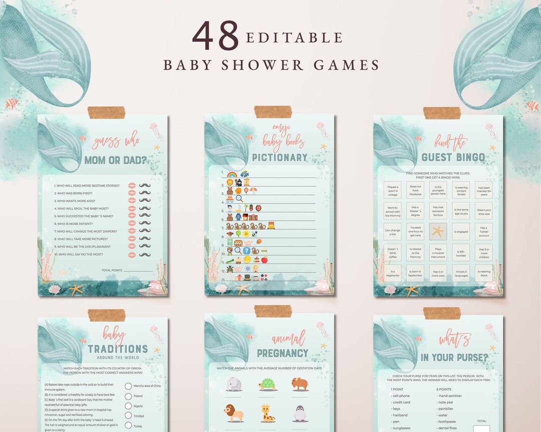 Mermaid Baby Shower Games Bundle, 48 Under the Sea Printable Games ...