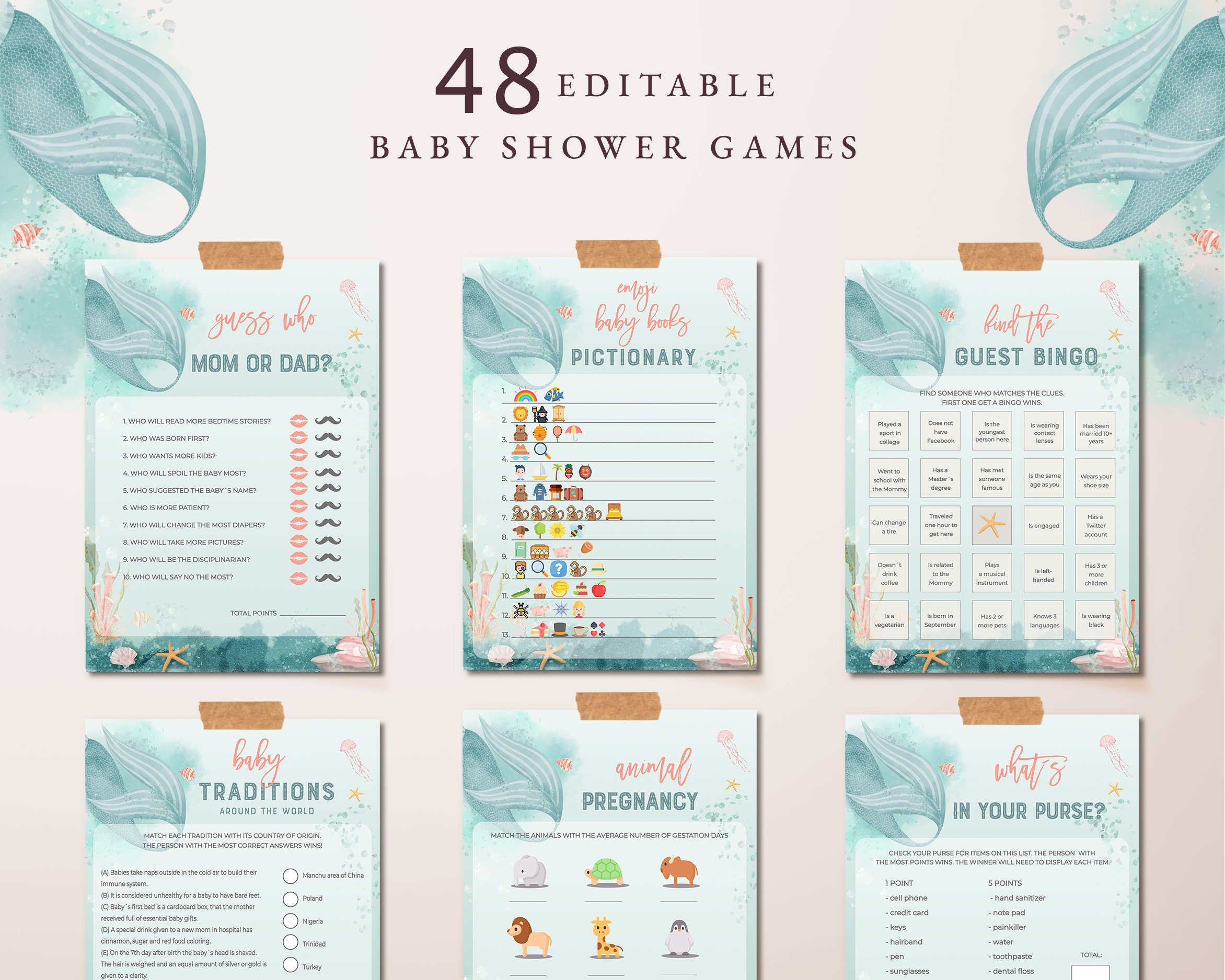 Mermaid Baby Shower Games Bundle, 48 Under the Sea Printable Games ...