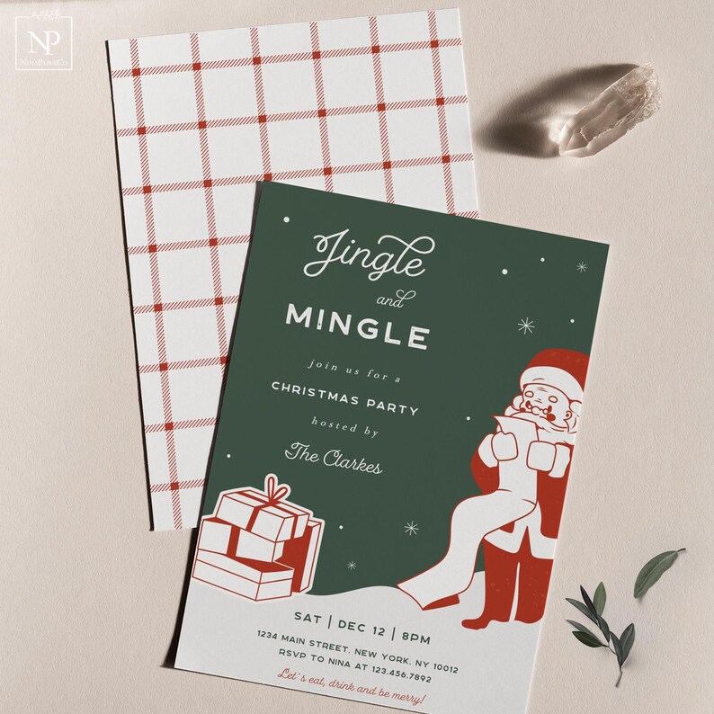 Retro Santa Christmas Party Invitation, Jingle & Mingle Holiday Party ...