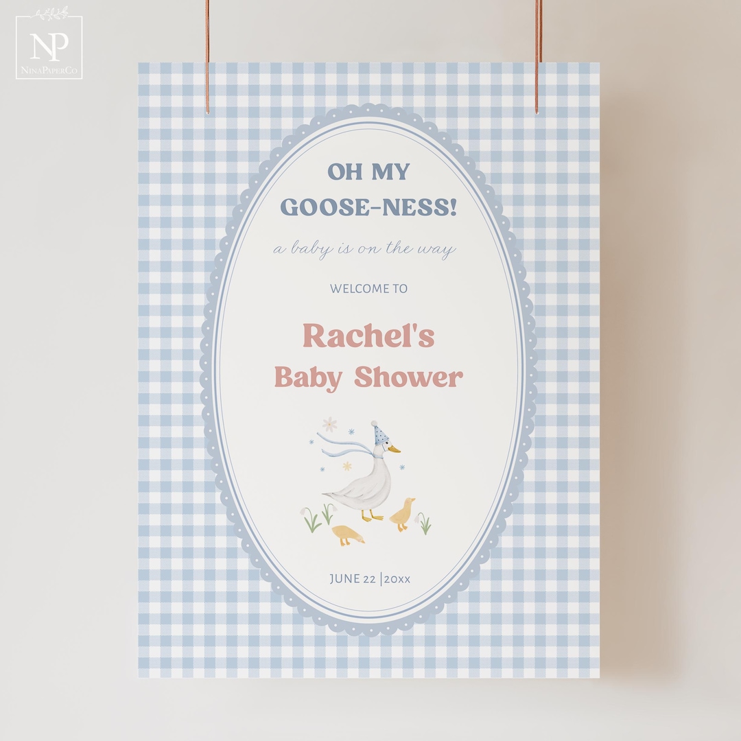 Blue Silly Goose Baby Shower Welcome Sign Template, Pastel Gingham Sign ...